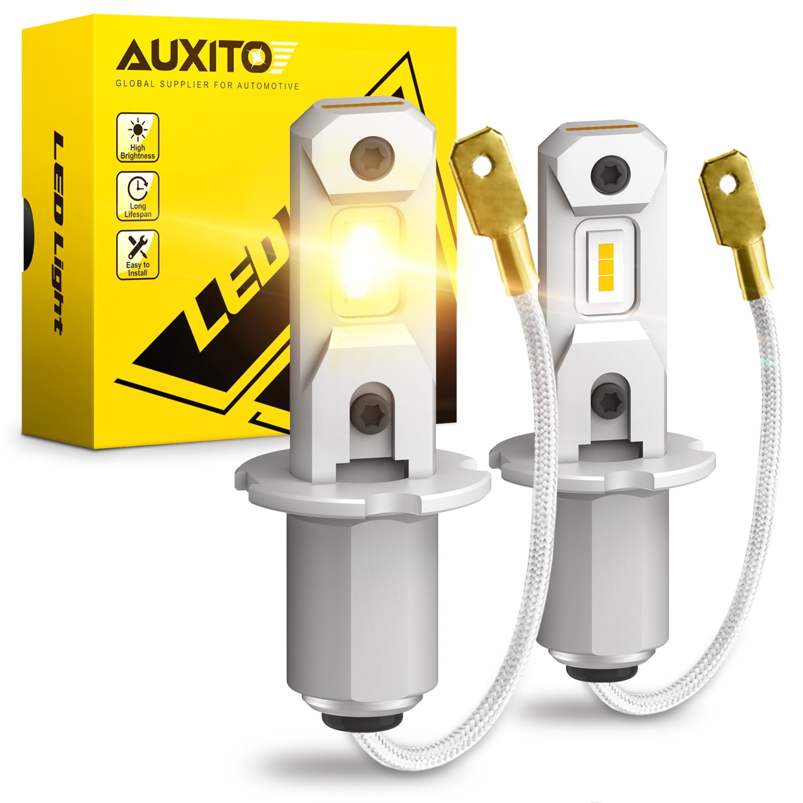 AUXITO H3 LED Fog Light Bulbs 3000K Golden Yellow, 300% Brighter, H3ll ...