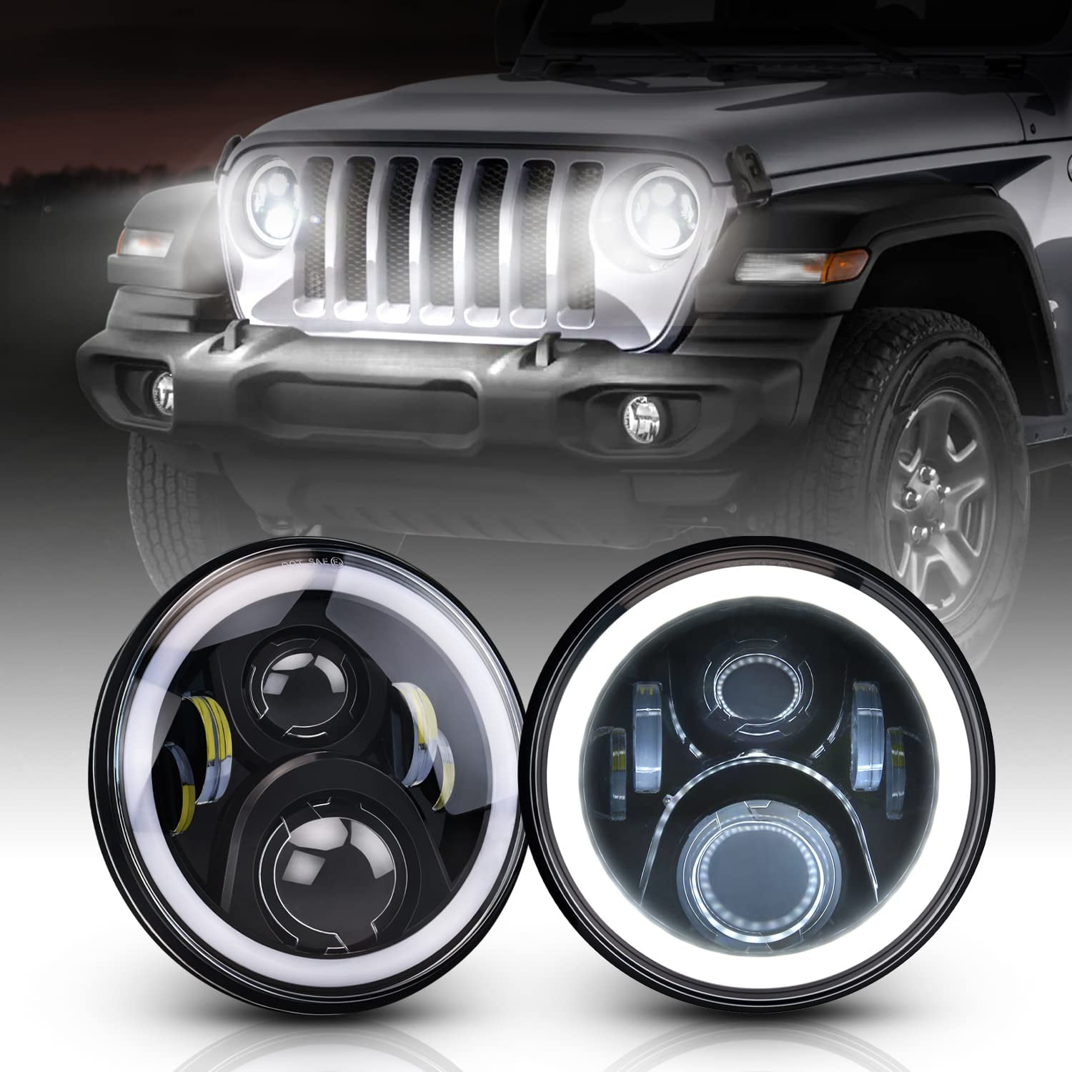 AUXLIGHT 7 Inch LED KEF16 Halo Headlights High/Low Beam with Amber Trun ...