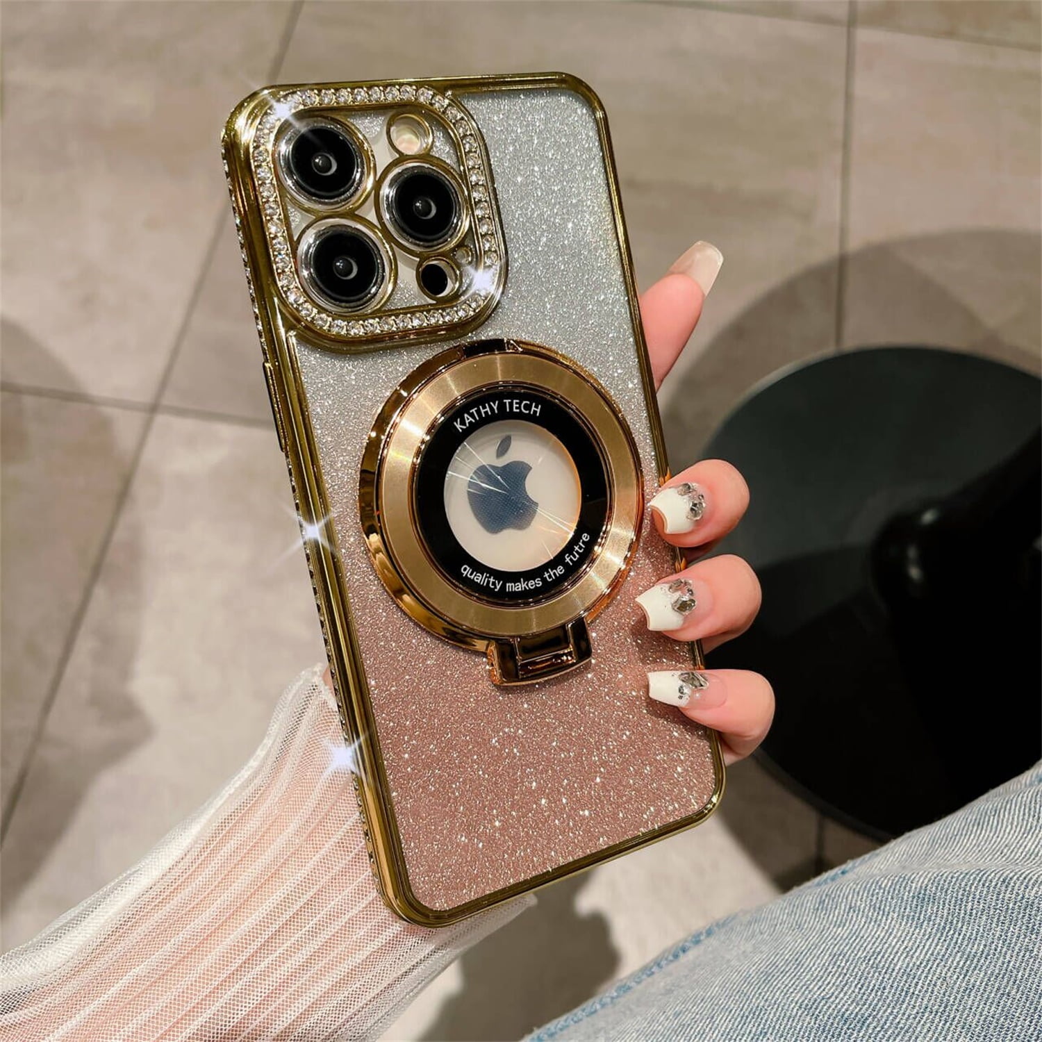 AUshell for iPhone 15 Pro Case, Glitter Diamond Lens Frame + Bling ...