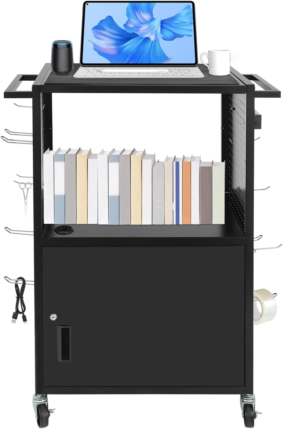AV Cart with Locking Cabinet and 12 Hooks,3 Tier Rolling Computer Cart ...