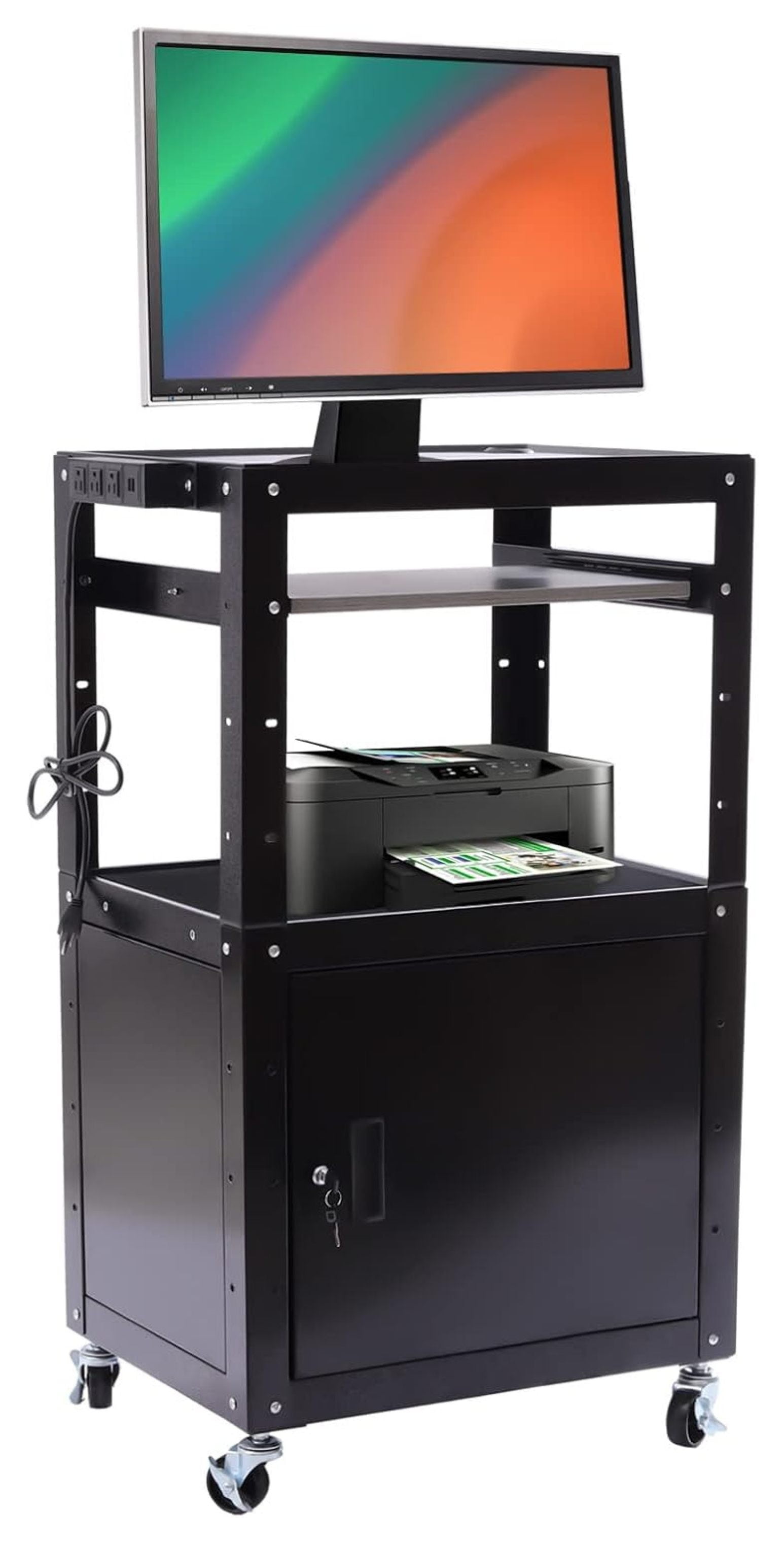 AV Cart with Locking Cabinet, 31.5-43inch Adjustable Height Cart with ...