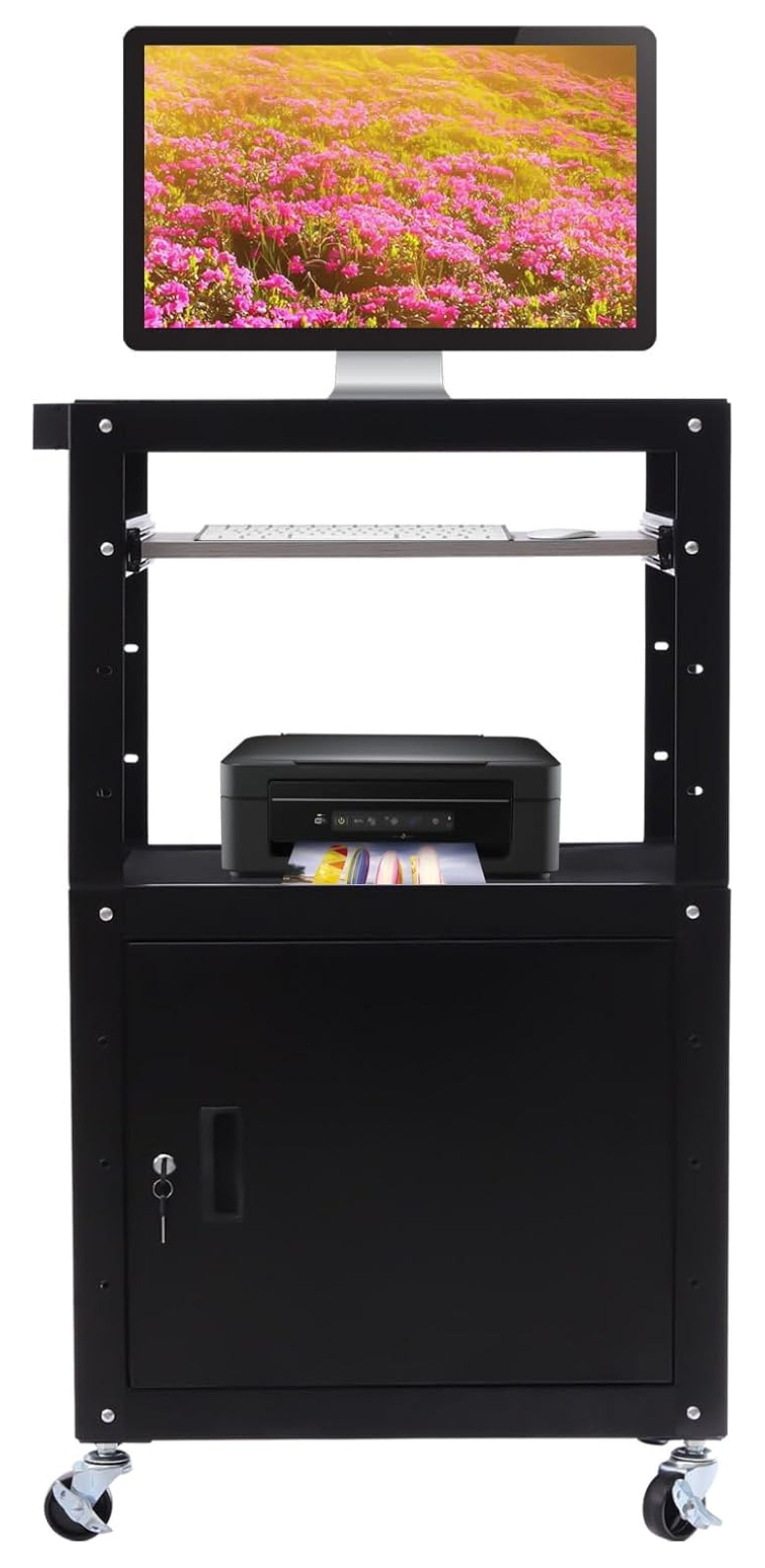 AV Cart Media Cart, Black Adjustable Height Metal Cart with Pullout ...