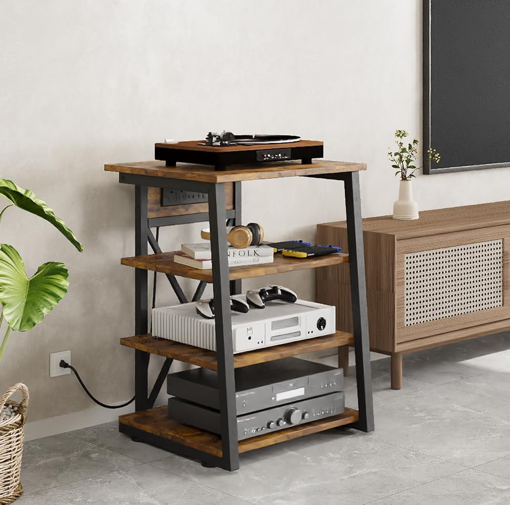 AV Media Stand with Power Outlet, 4-Tier Media Console Stereo Stand ...