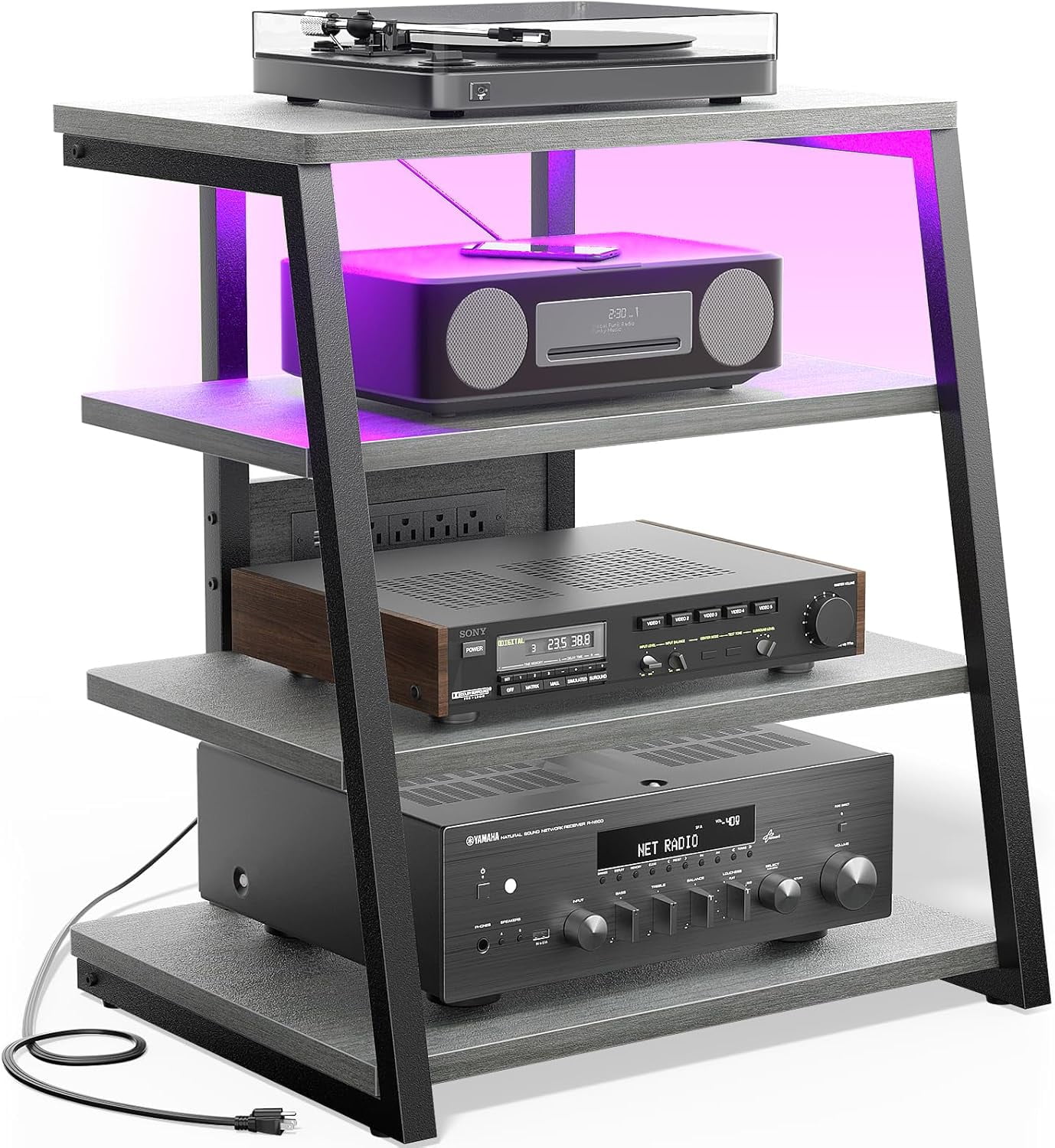 AV Media Stand with Outlets, Media Console with LED Lights, Stereo ...