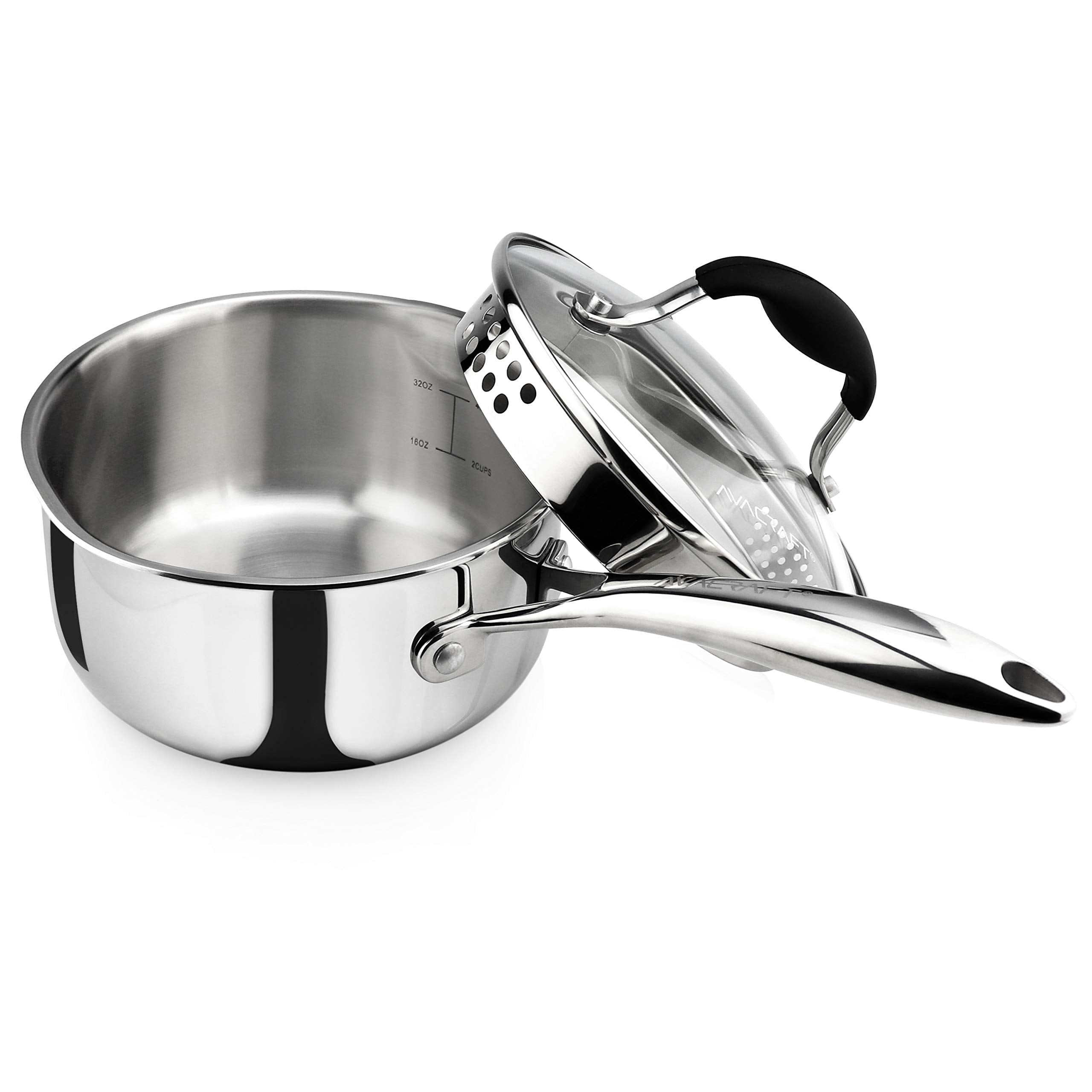 AVACRAFT Tri-Ply Stainless Steel Saucepan with Glass Strainer Lid, Two ...