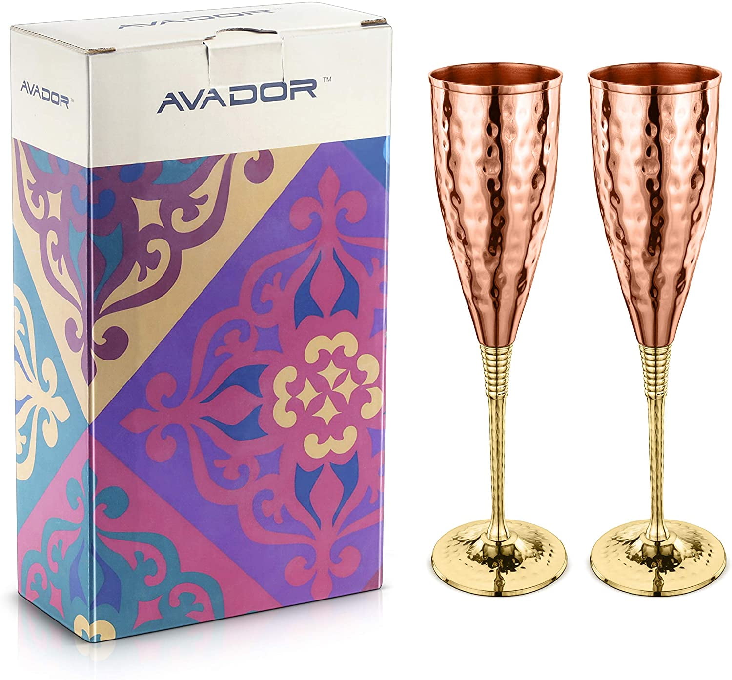 AVADOR Set of 2 Shatterproof 100% Handcrafted Copper Champagne Flutes ...