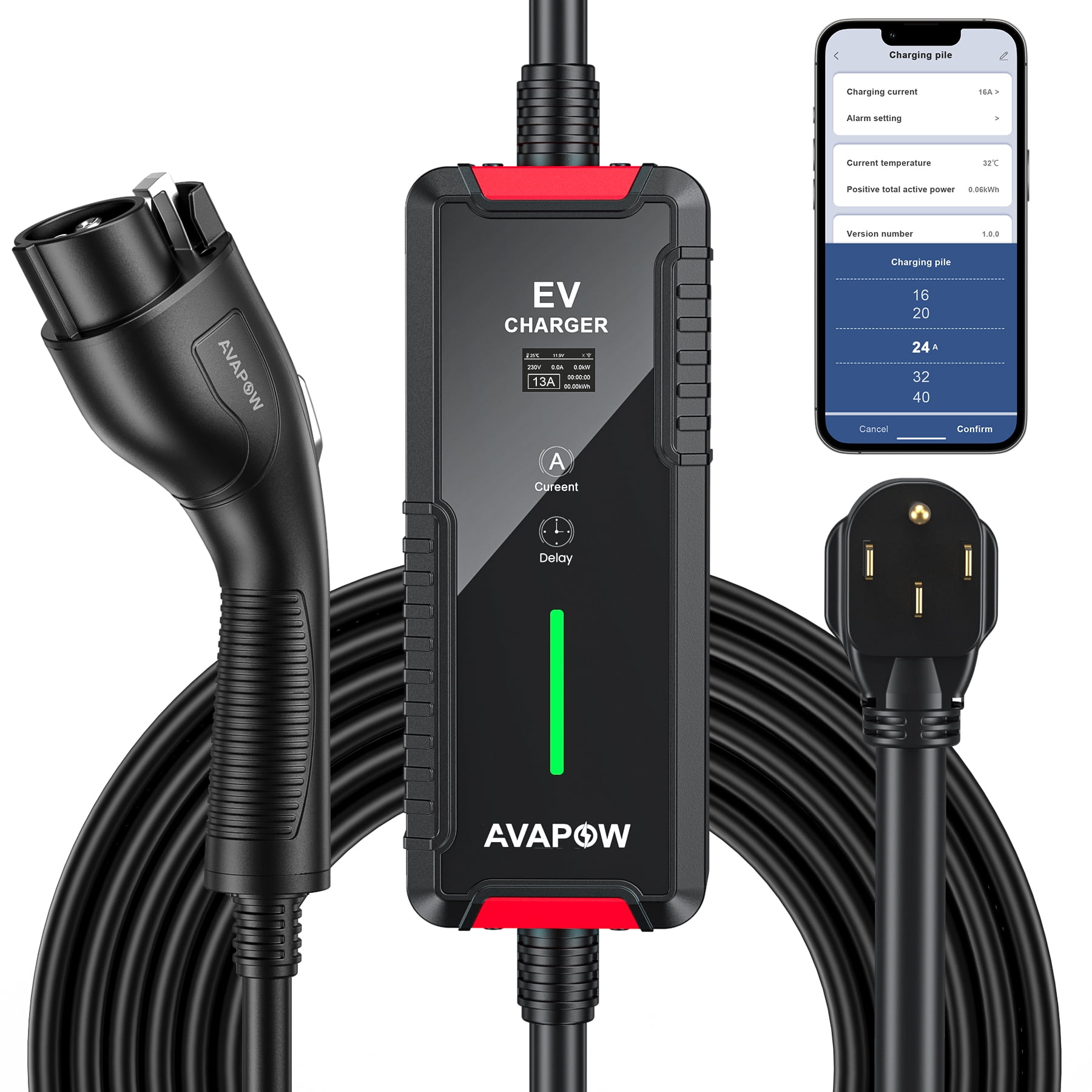 AVAPOW Level 2 EV Charger, 240V 40A, 25FT Power Cord, NEMA 14-50 Plug ...
