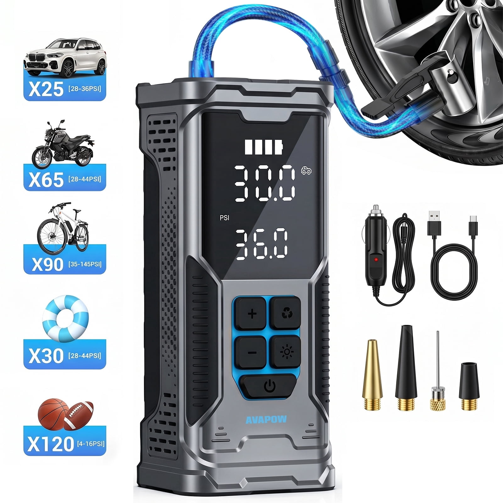 AVAPOW Cordless Tire Inflator, 180PSI Portable Air Compressor, Air Pump ...