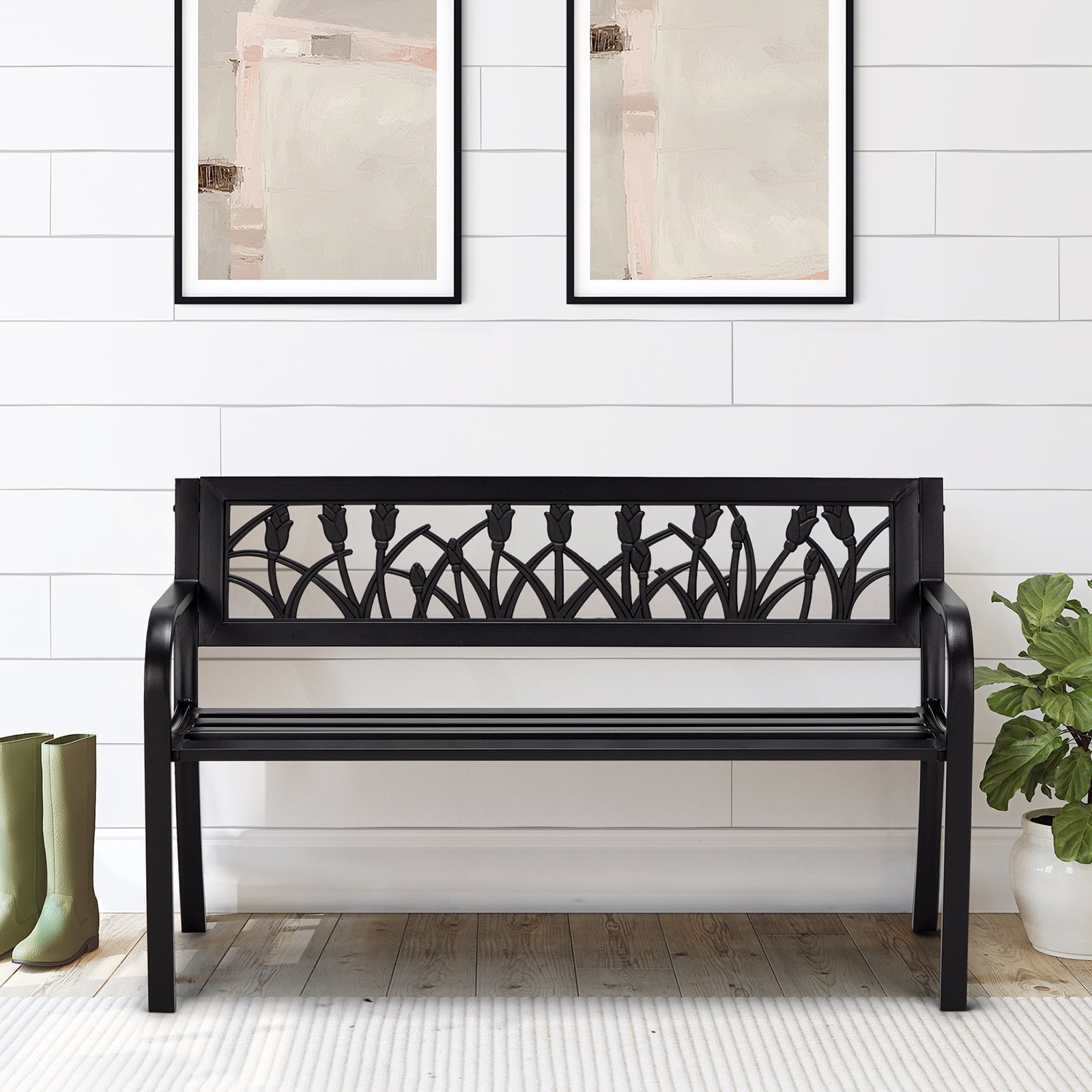 AVAWING 2-Person Outdoor Bench, Metal Frame, Black, Tulip Pattern ...
