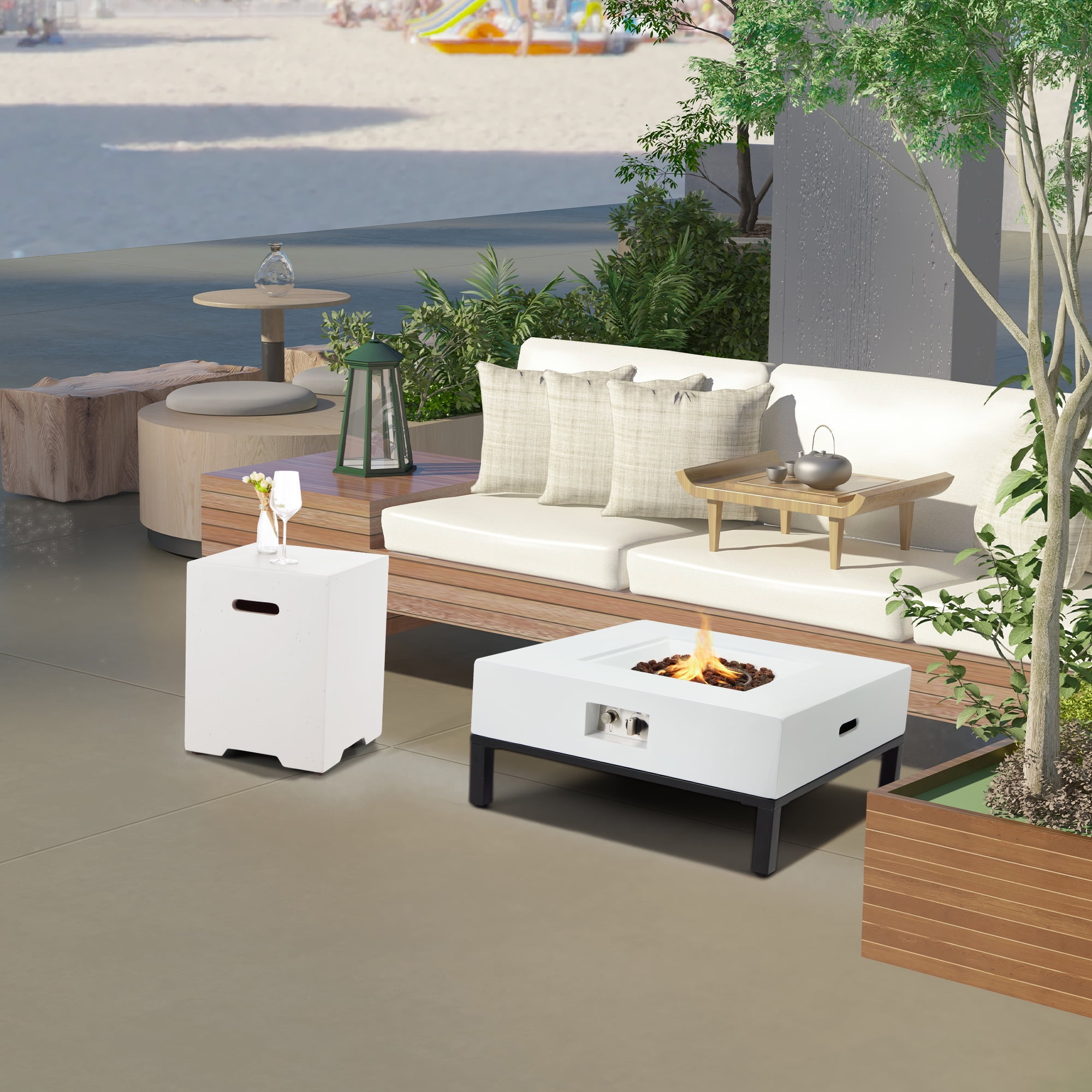 AVAWING 2-Piece 32" Outdoor Square Propane Fire Pit Table with Tank ...