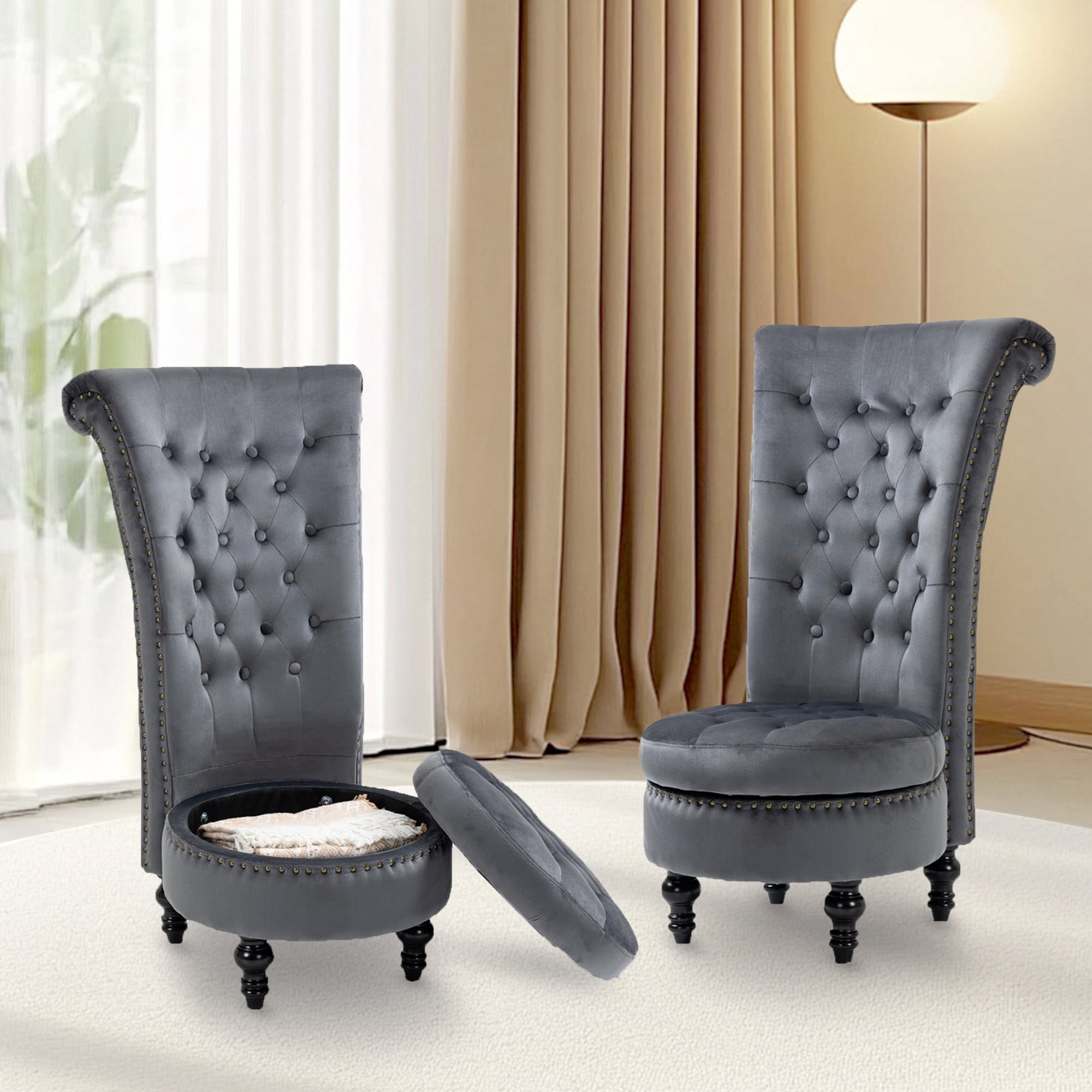 AVAWING 2PCS High Back Retro Throne Chair, Velvet Armless Royal Chair w ...