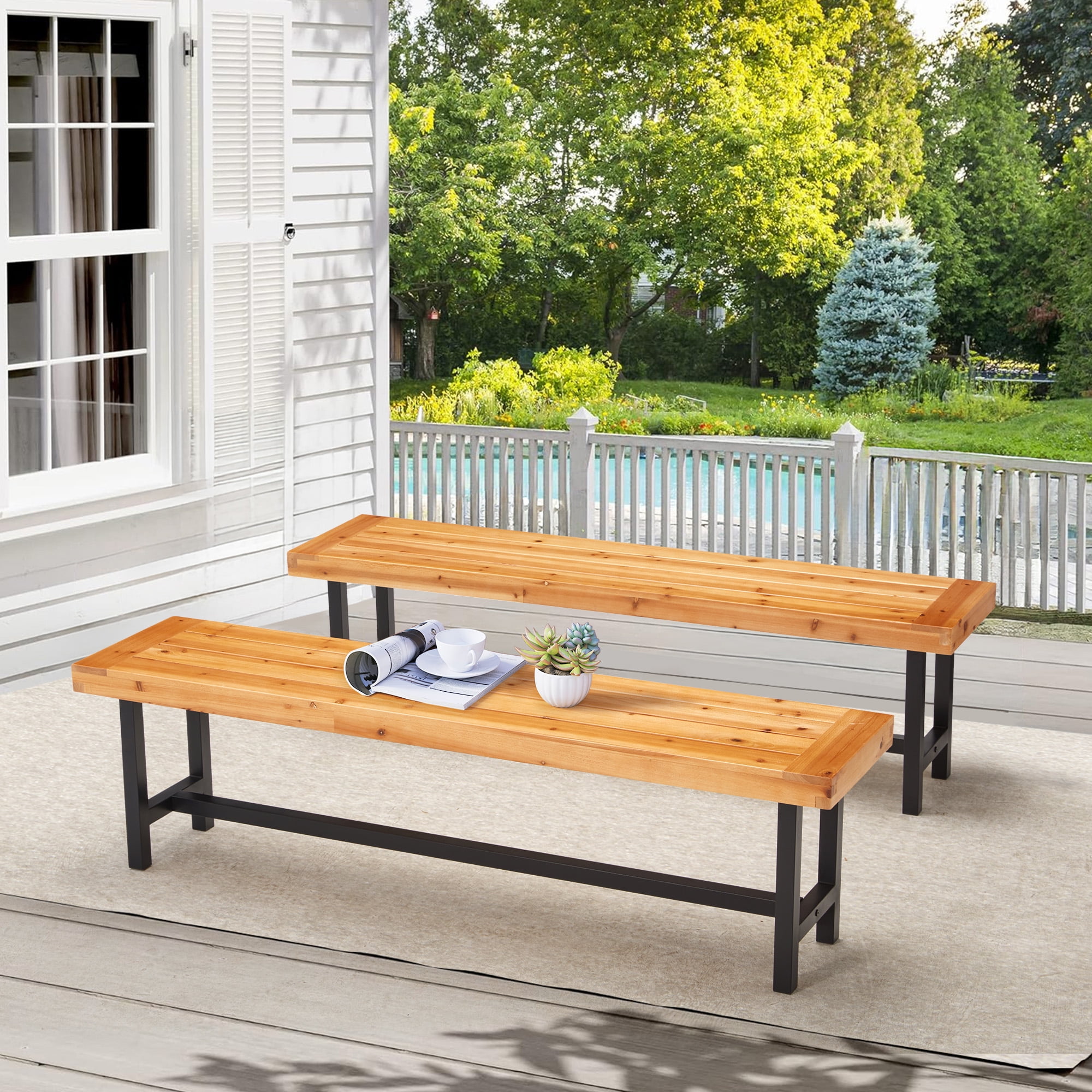 AVAWING 2PCS Patio Dining Benches, Outdoor Wood Benches, Wooden Picnic ...