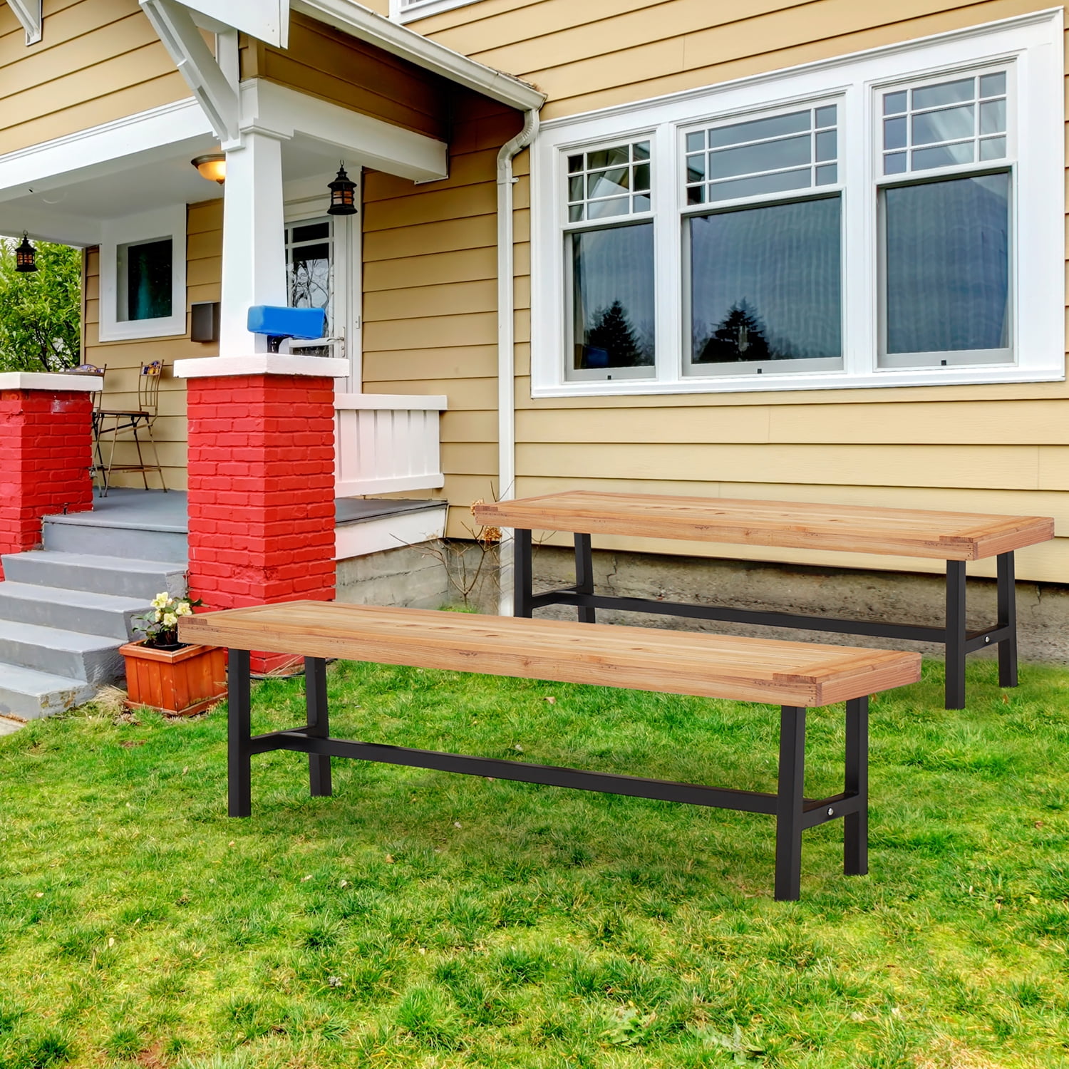 AVAWING 2PCS Patio Dining Benches, Outdoor Wood Benches, Wooden Picnic ...