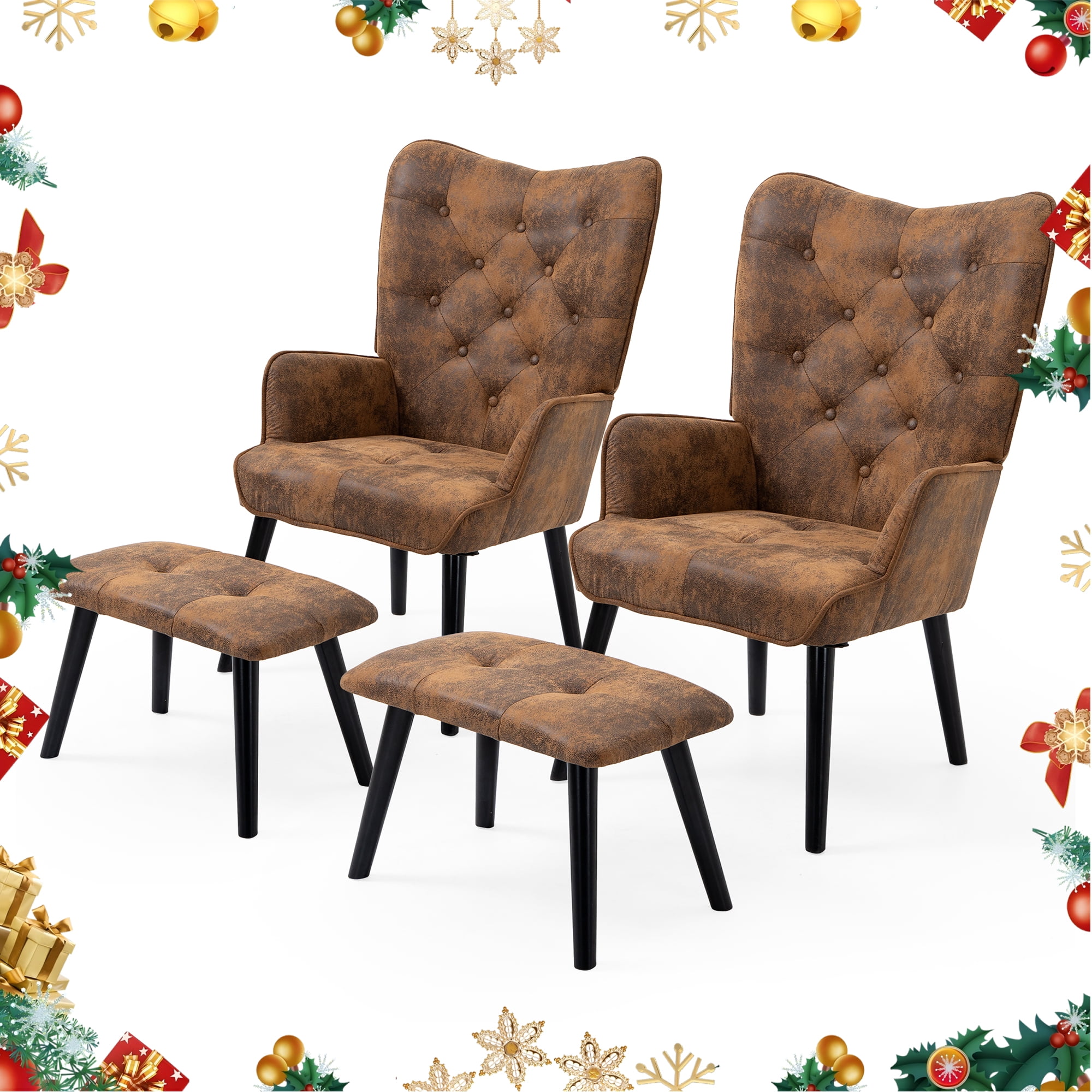 AVAWING 2PCS Rustic Accent Chair Set with Footrest, Wingback Armchair w ...