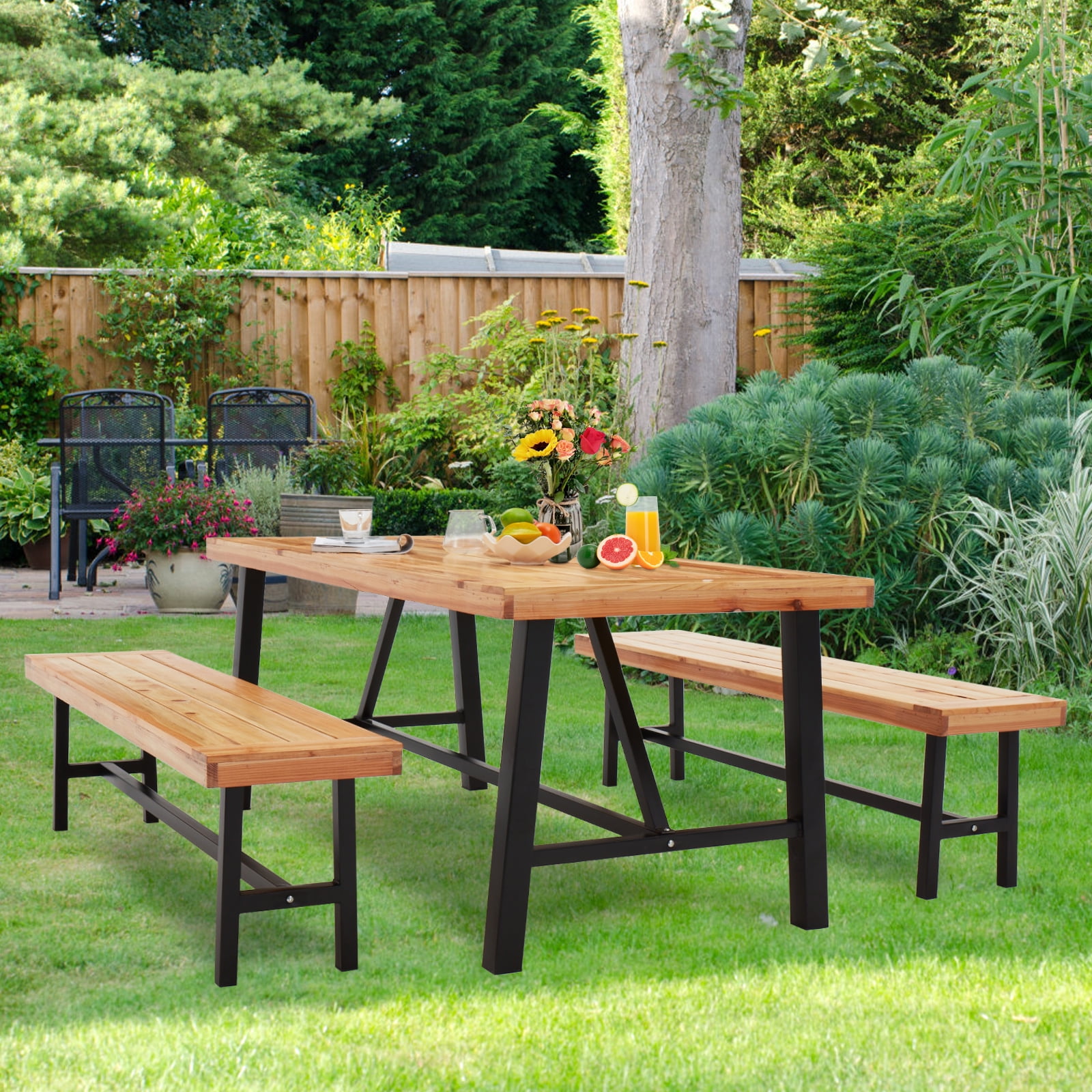 AVAWING 3-Piece Outdoor Wooden Picnic Table Bench Set, Premium Fir Wood ...