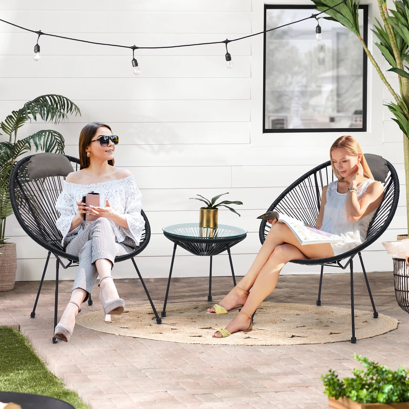 AVAWING 3 Piece Patio Acapulco Chair Set, Wicker Bistro Set with Pillow ...