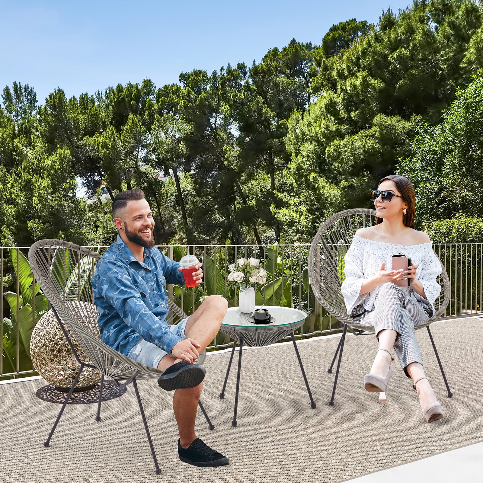 AVAWING 3 Piece Patio Acapulco Chair Set, Wicker Bistro Set with Pillow ...