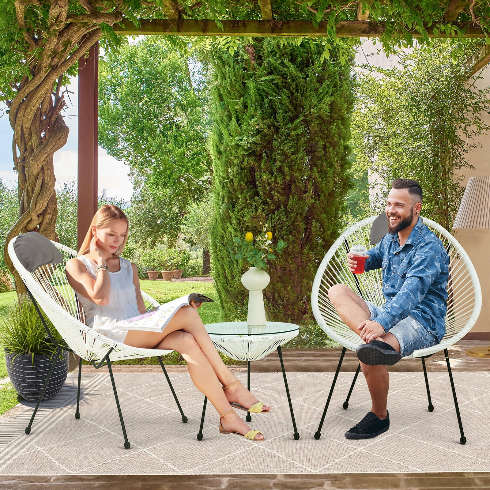 AVAWING 3 Piece Patio Acapulco Chair Set, Wicker Bistro Set with Pillow ...