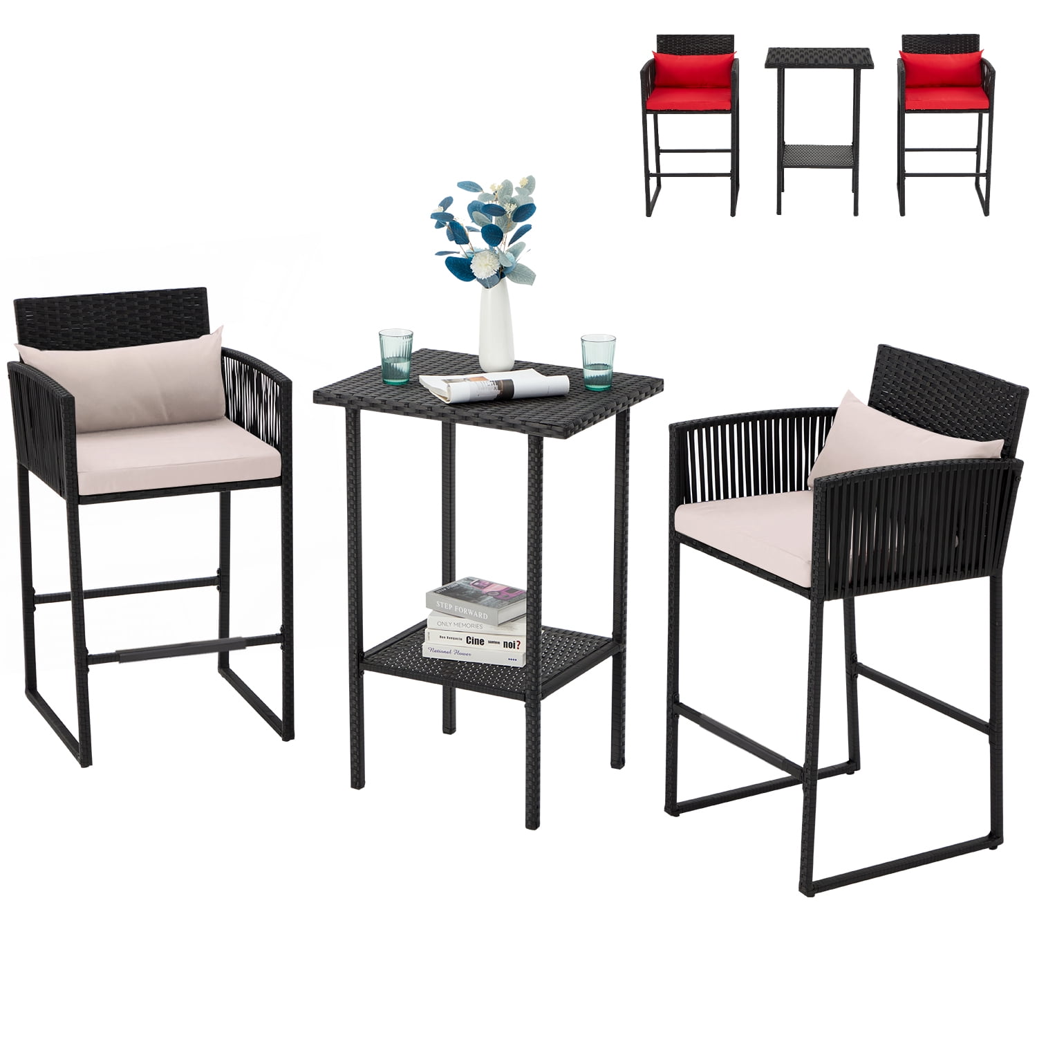 AVAWING 3PCS Outdoor Patio Wicker Bistro Bar Set, High Table & Chairs ...