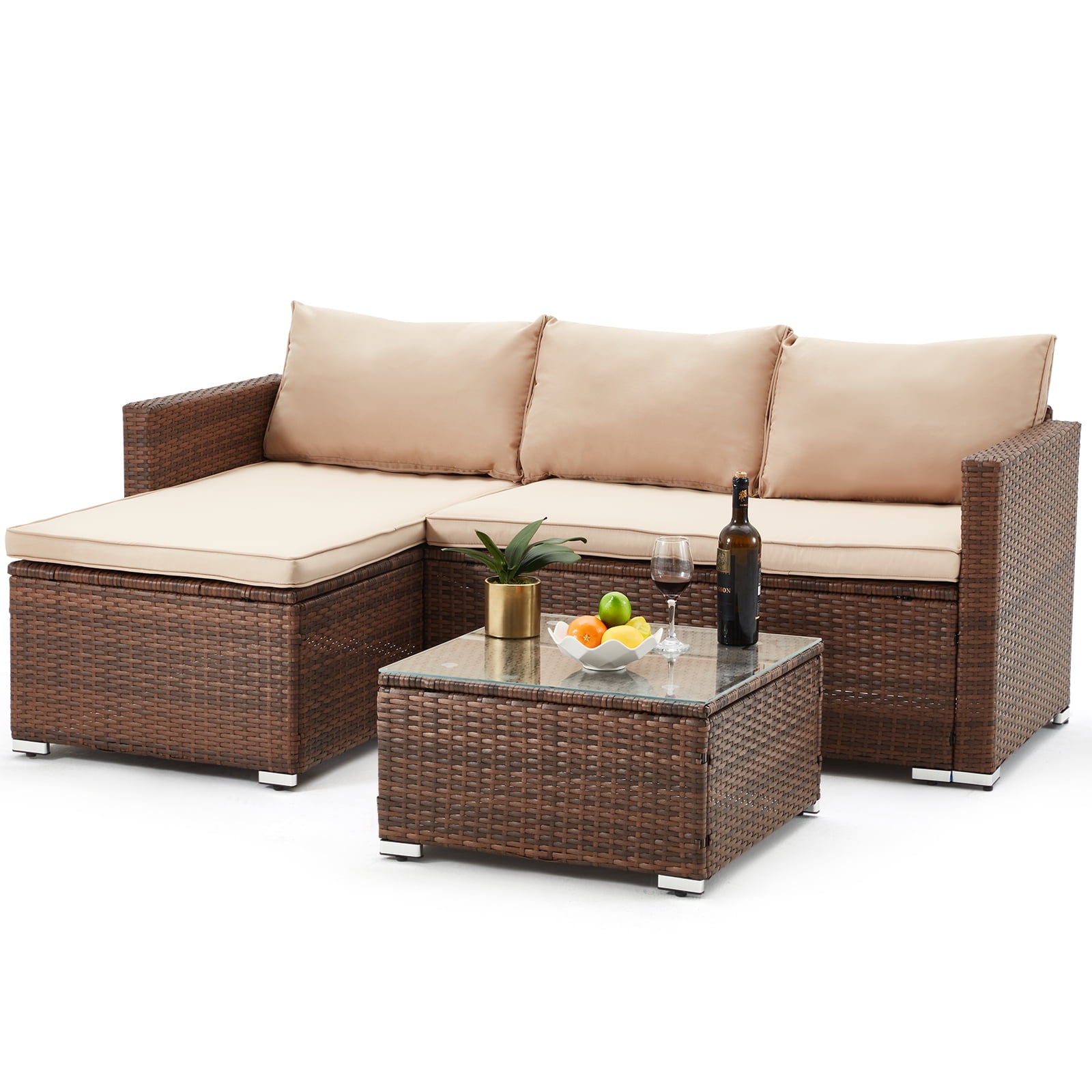 AVAWING 3PCS Modern Patio Set, Weather-Resistant Outdoor Wicker Rattan ...