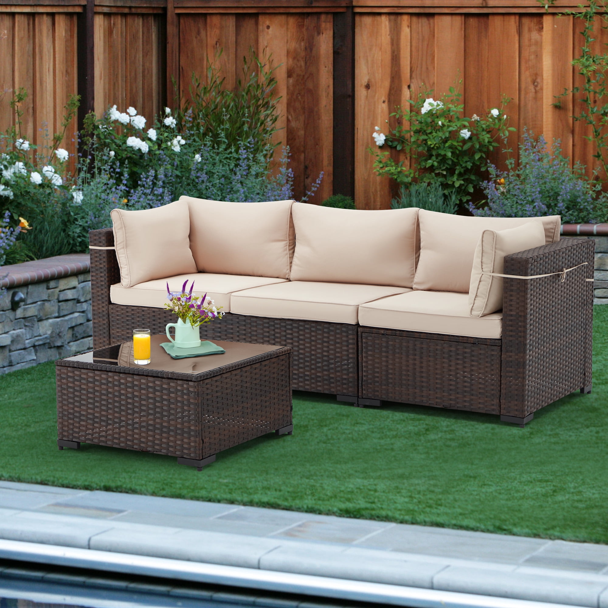 AVAWING 4-Piece Patio Conversation Set, All- Weather Wicker Patio Couch ...