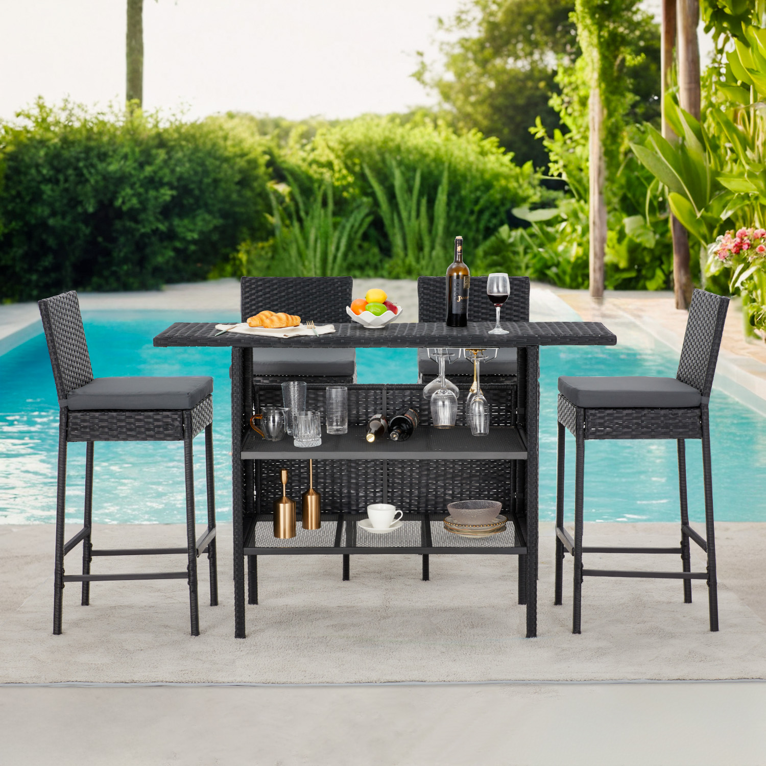 vidaXL Patio Bar Set 7 Piece Outdoor Bar Table and Chairs Poly Rattan ...