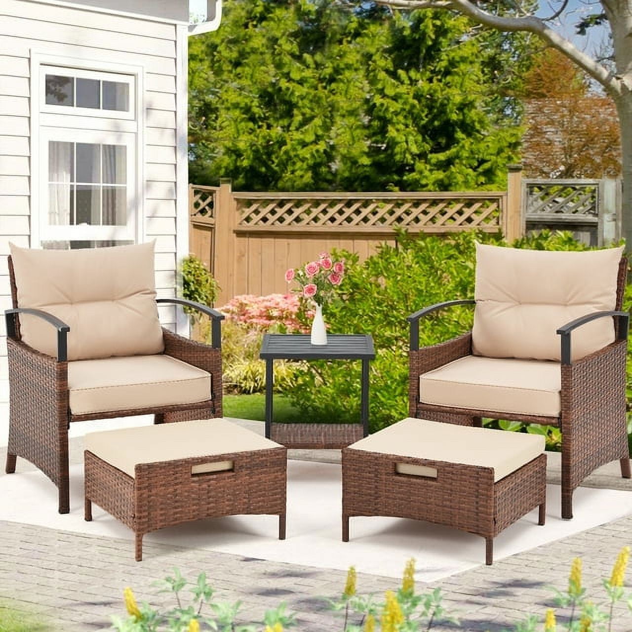 AVAWING 5PCS Outdoor Rattan Furniture Set, Patio Wicker Conversation ...