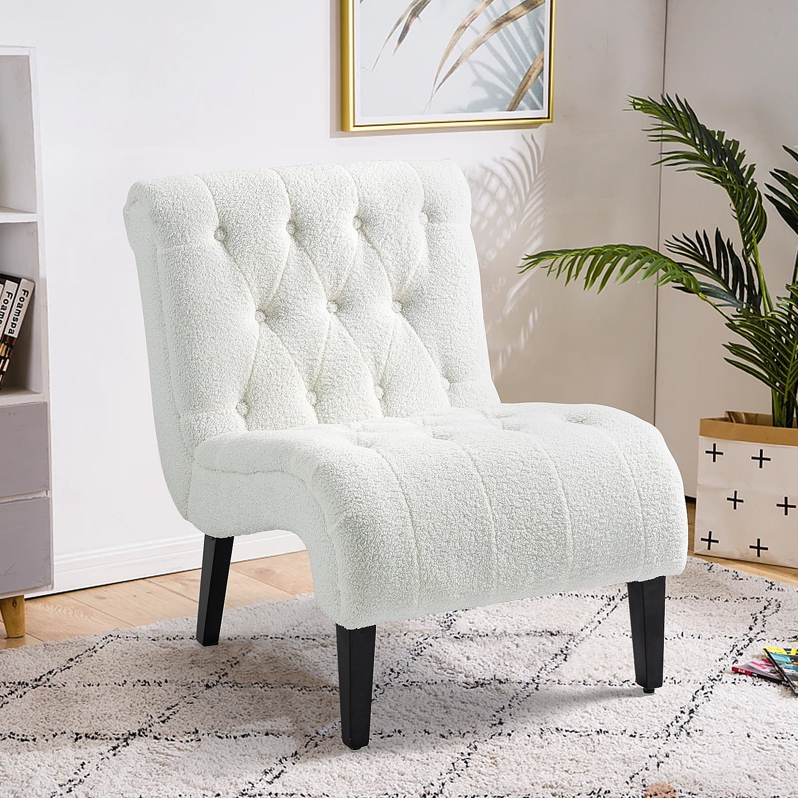 AVAWING Armless Teddy Accent Chair, Upholstered Lounge Chair with Wood ...