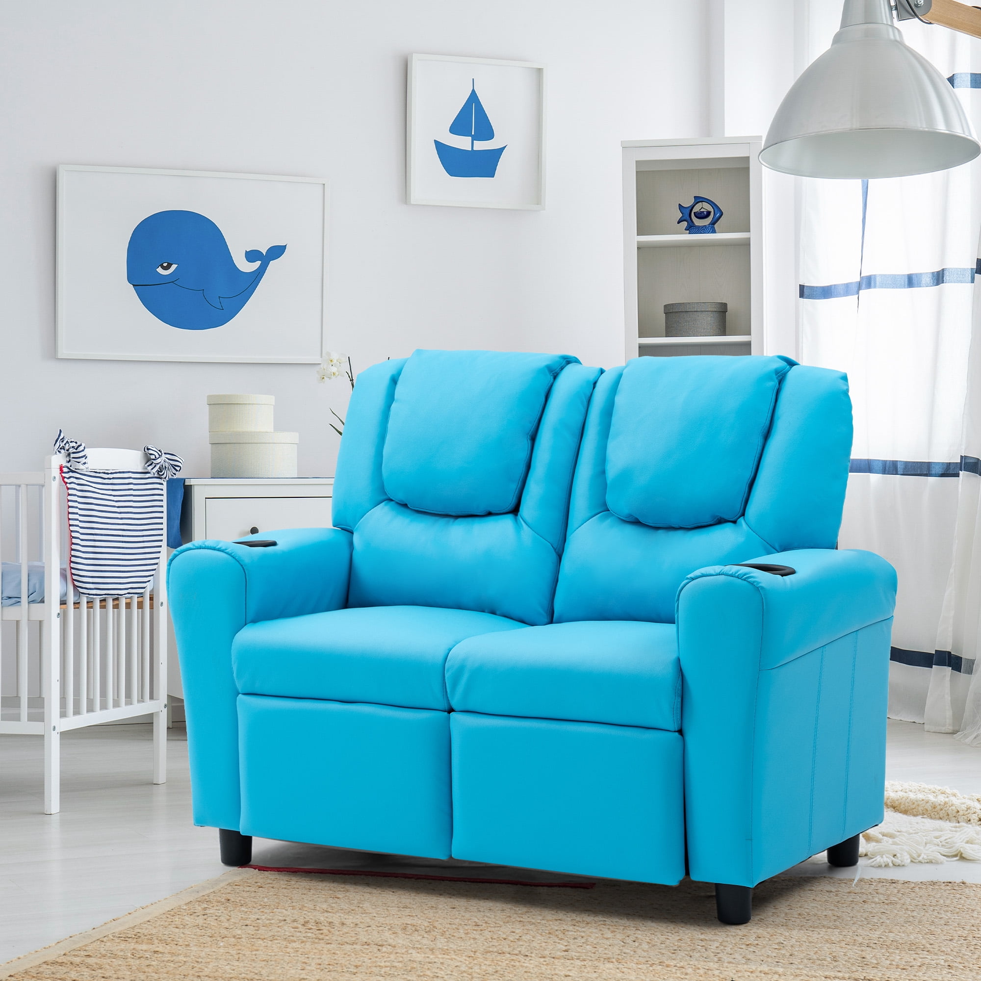 AVAWING Double Kids Couch with Cup Holders, Faux Leather Kids Recliner ...