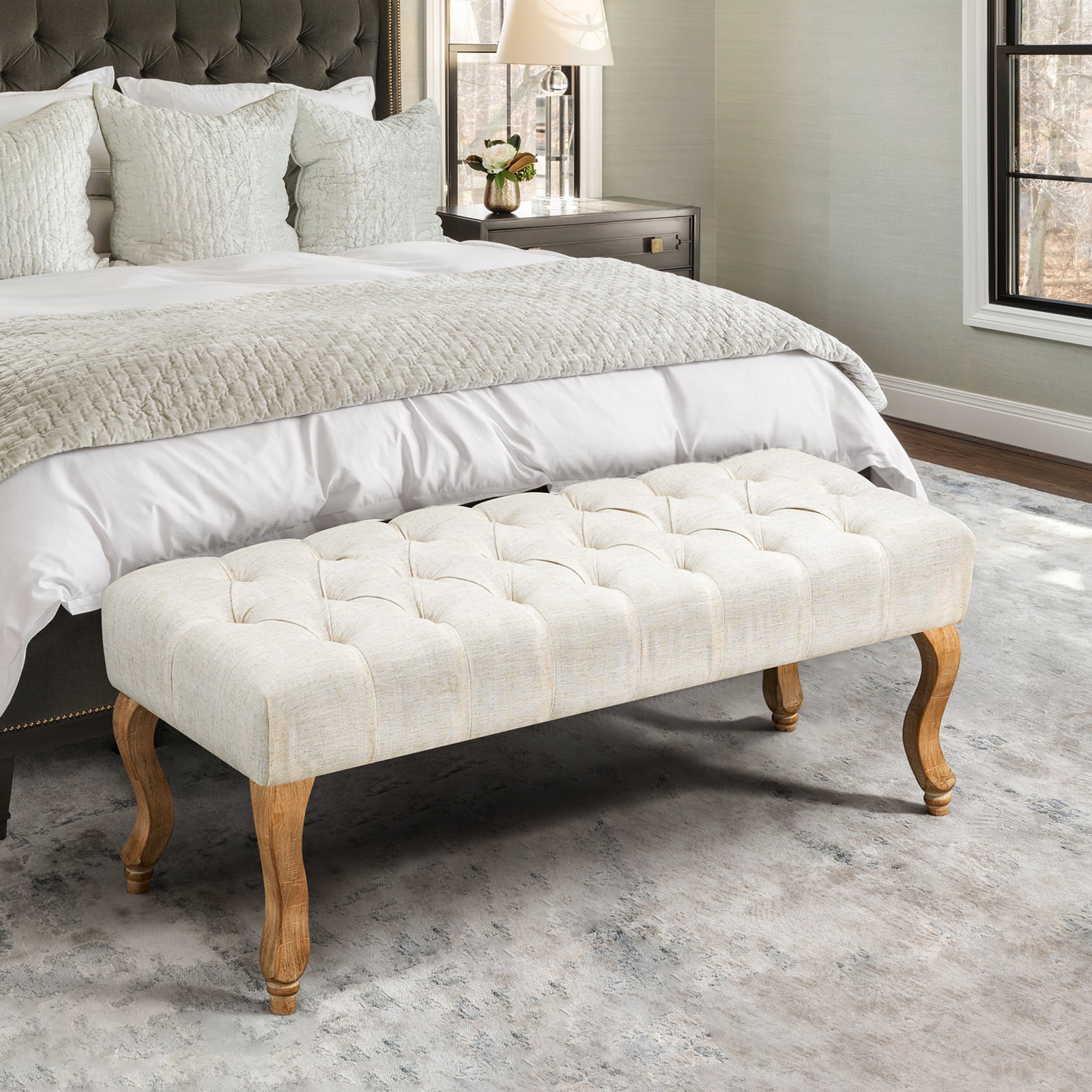 AVAWING French Vintage Button-Tufted Upholstered Entryway Bench, Linen ...