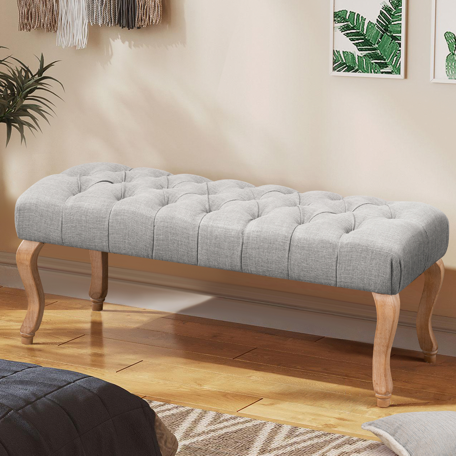 Linon Kacie 62" Wide Button Tufted Bench, Distressed Gray with Washed ...
