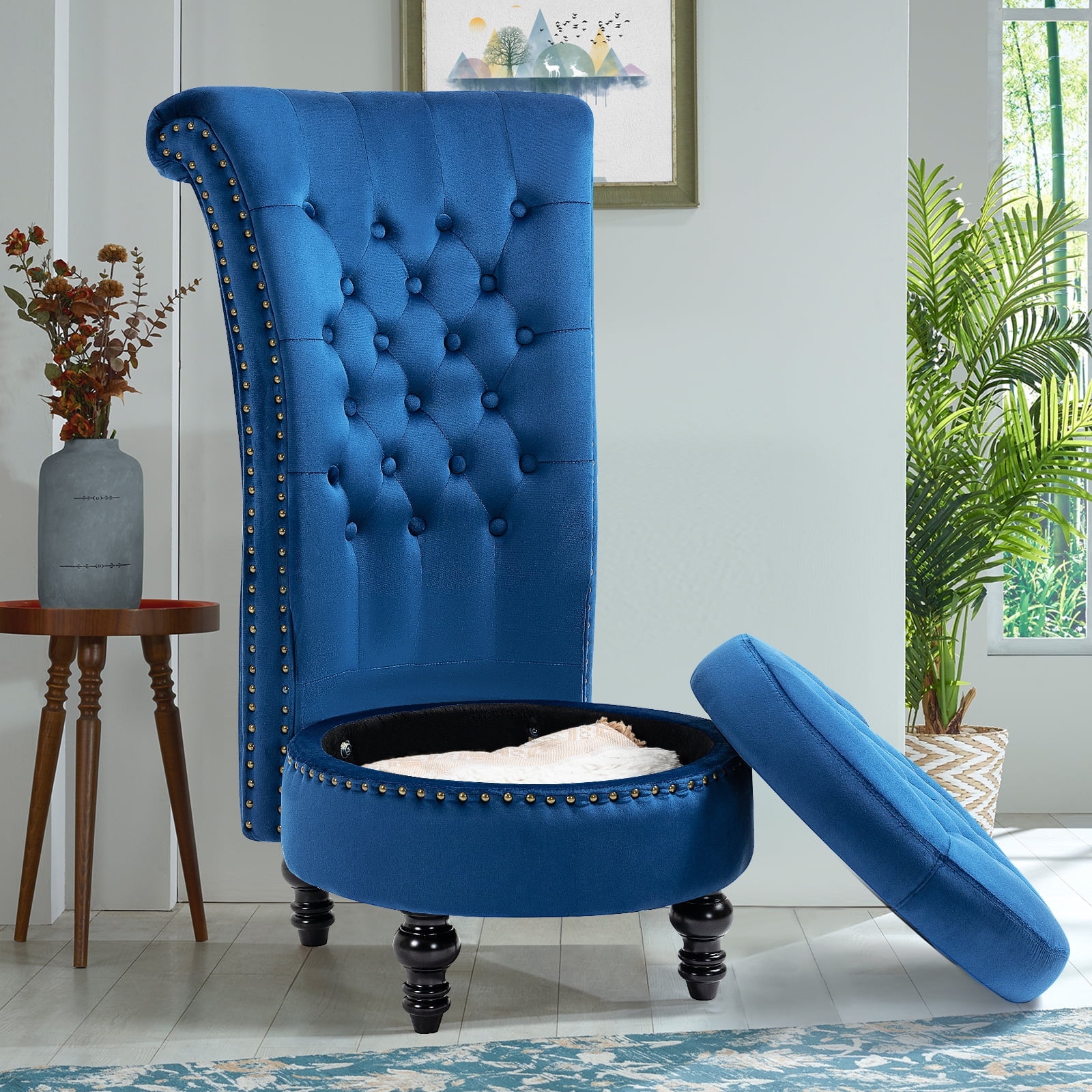 AVAWING High Back Retro Throne Chair, Velvet Armless Royal Chair w ...