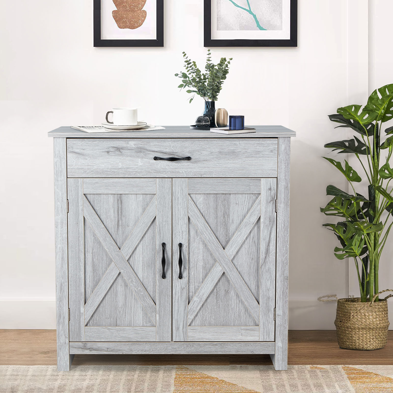 Gymax Buffet Server Sideboard Wine Cabinet Console Table Grey Home ...