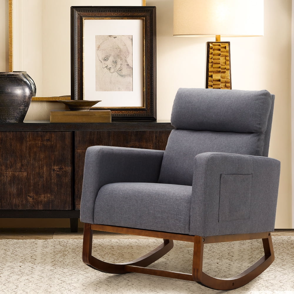 AVAWING Indoor Wooden Rocking Chair, Modern Grey Fabric Padded Seat ...