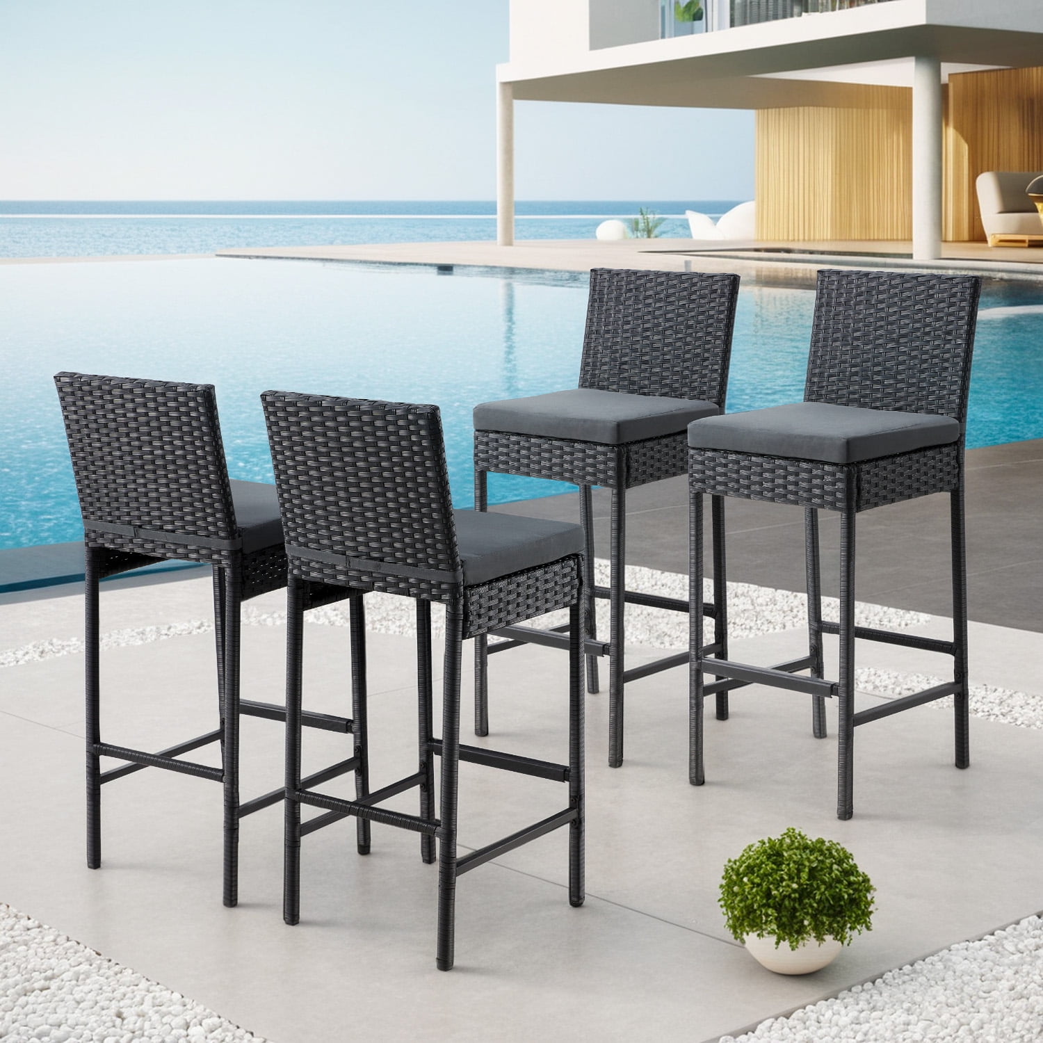 AVAWING Outdoor Patio Bar Stools - Set of 4 Wicker Rattan Chairs with ...
