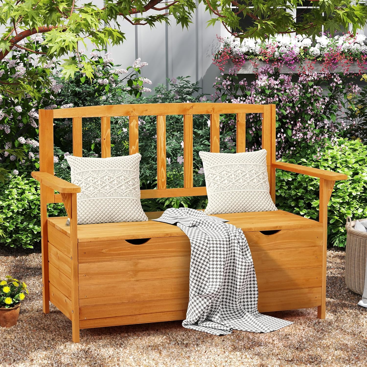 AVAWING Outdoor Wooden Storage Bench, Patio Storage Box with Portable ...