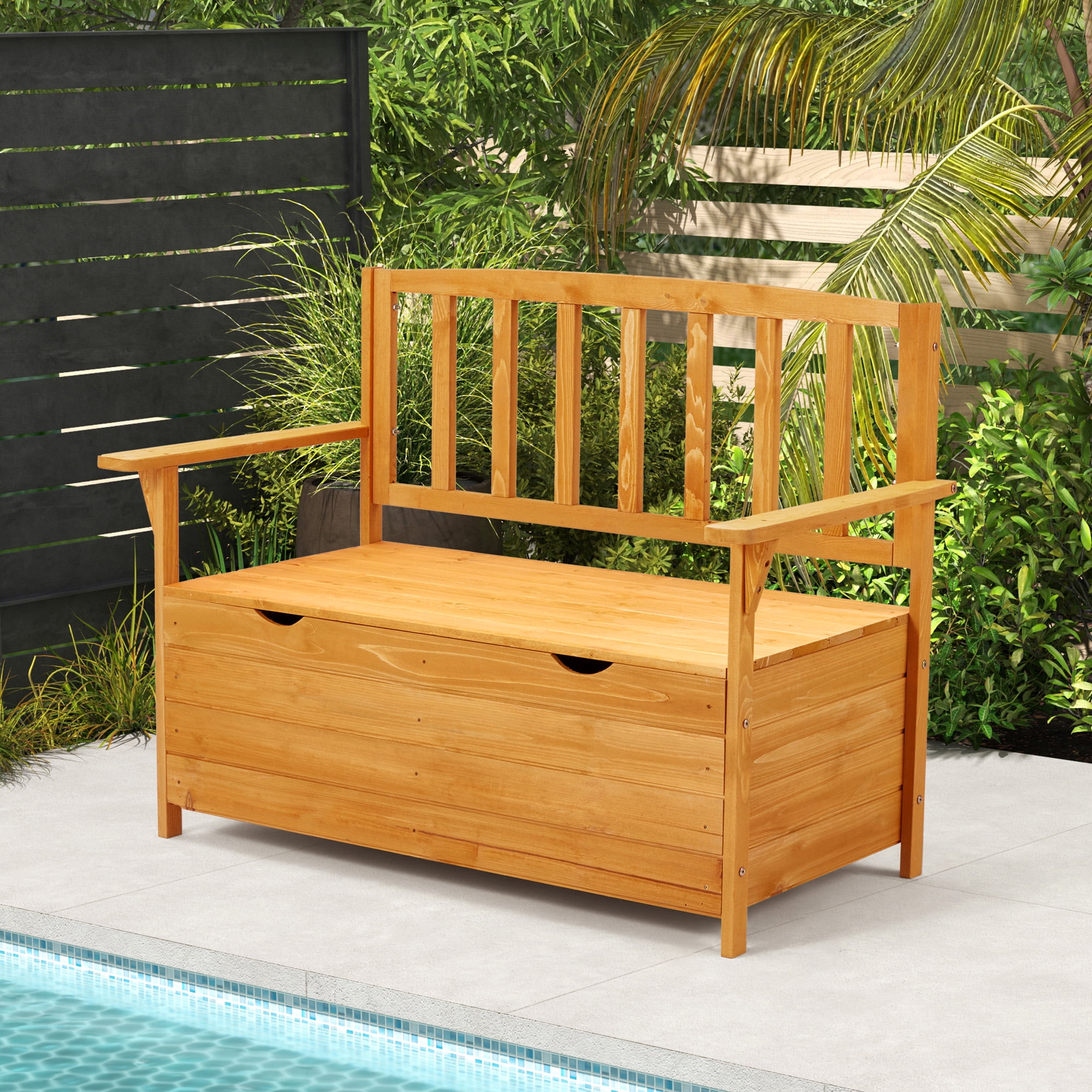 AVAWING Outdoor Wooden Storage Bench, Patio Storage Box with Portable ...