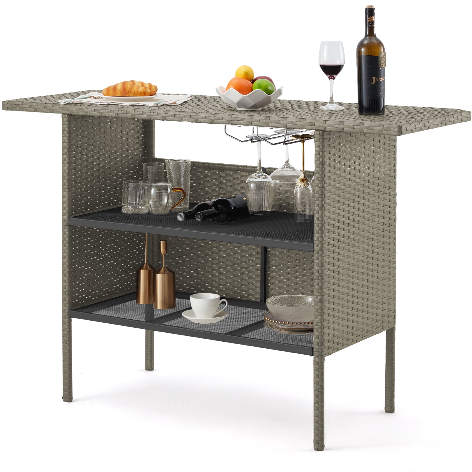 AVAWING Patio PE Wicker Rattan Bar Table w/ 2 Steel Shelves & Wine Rack ...