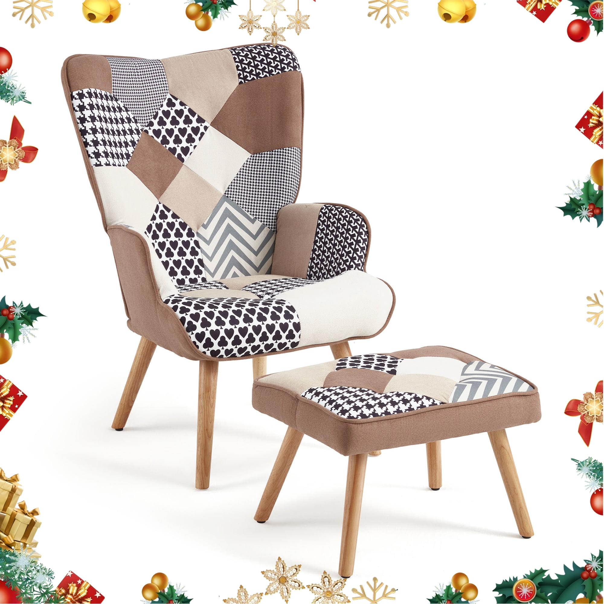 AVAWING Rustic Accent Chair Set with Footrest, Wingback Armchair w ...