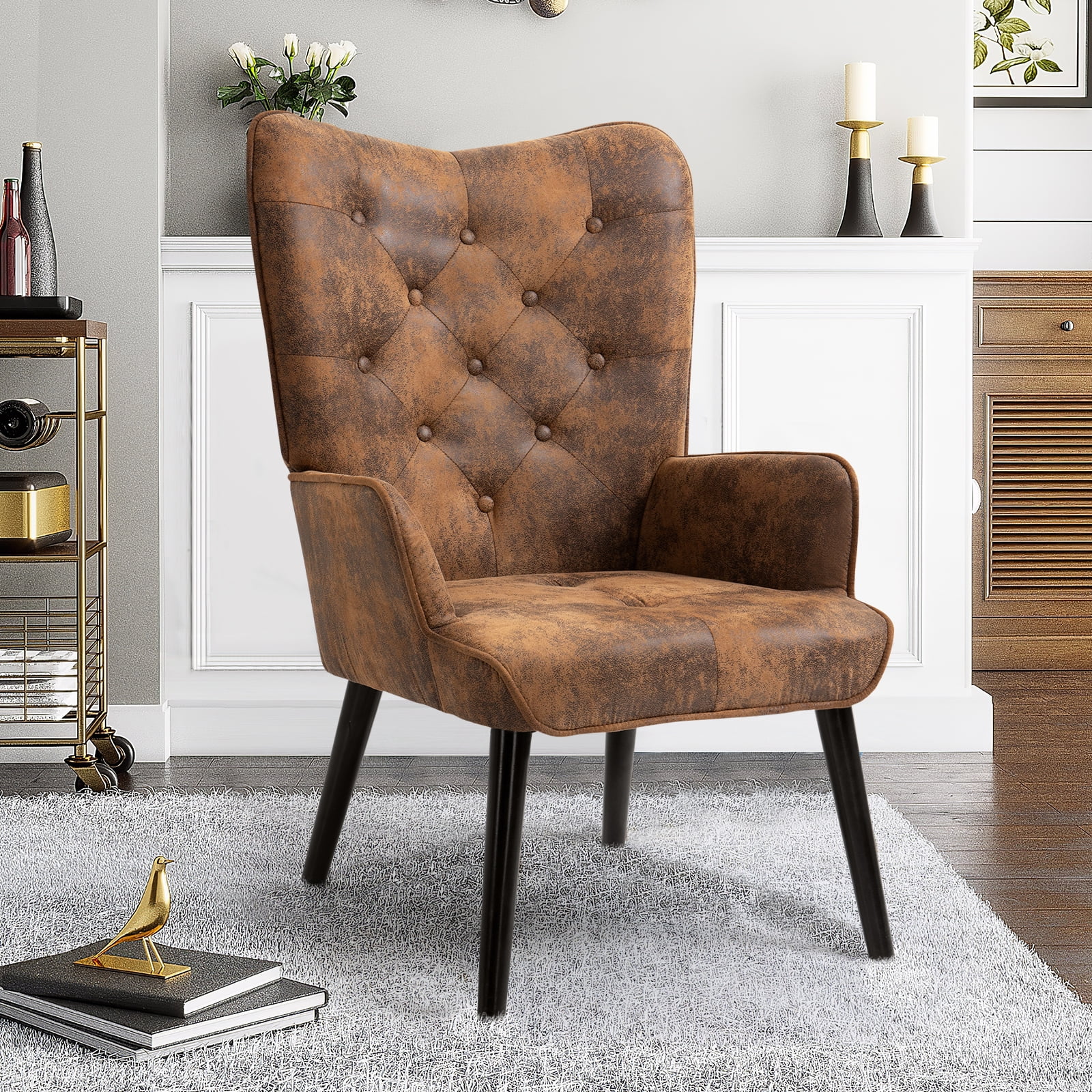 AVAWING Gold Rustic Accent Chair, Tufted Wingback, Rubberwood Legs ...