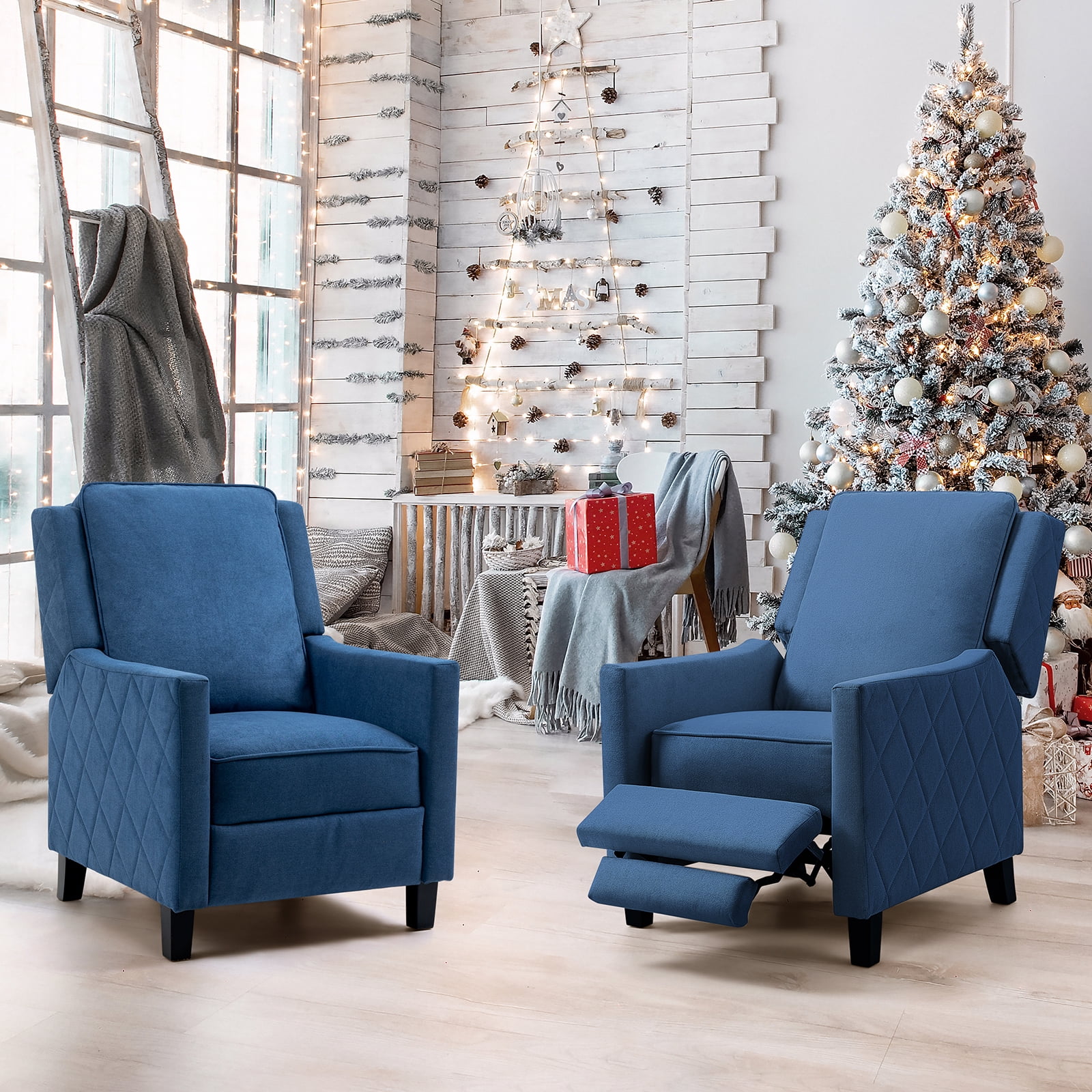 AVAWING Set of 2 Push Back Recliner Chairs - Blue Linen, Mid-Century ...