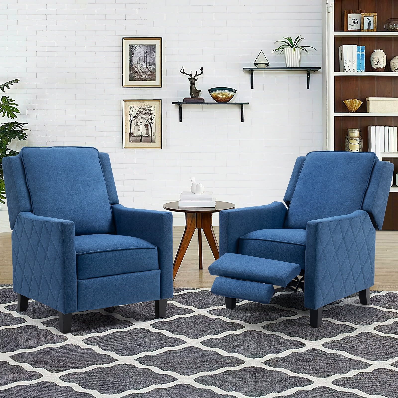AVAWING 2 Set Blue Linen, Mid-Century Reclining Lounge Chairs, Tufted ...