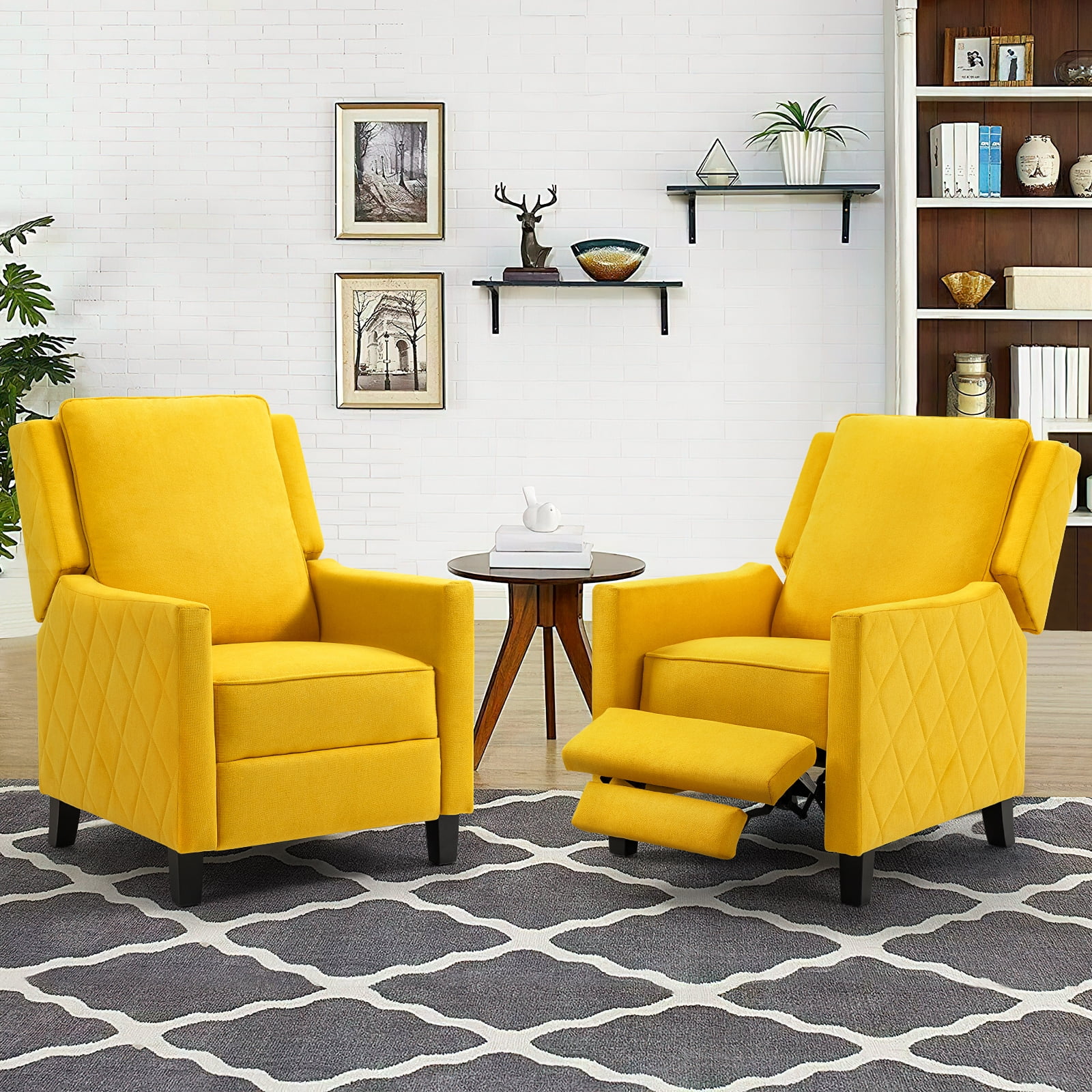 AVAWING Modern Tufted Set of 2 Push Back Recliner Chairs - Yellow Linen ...