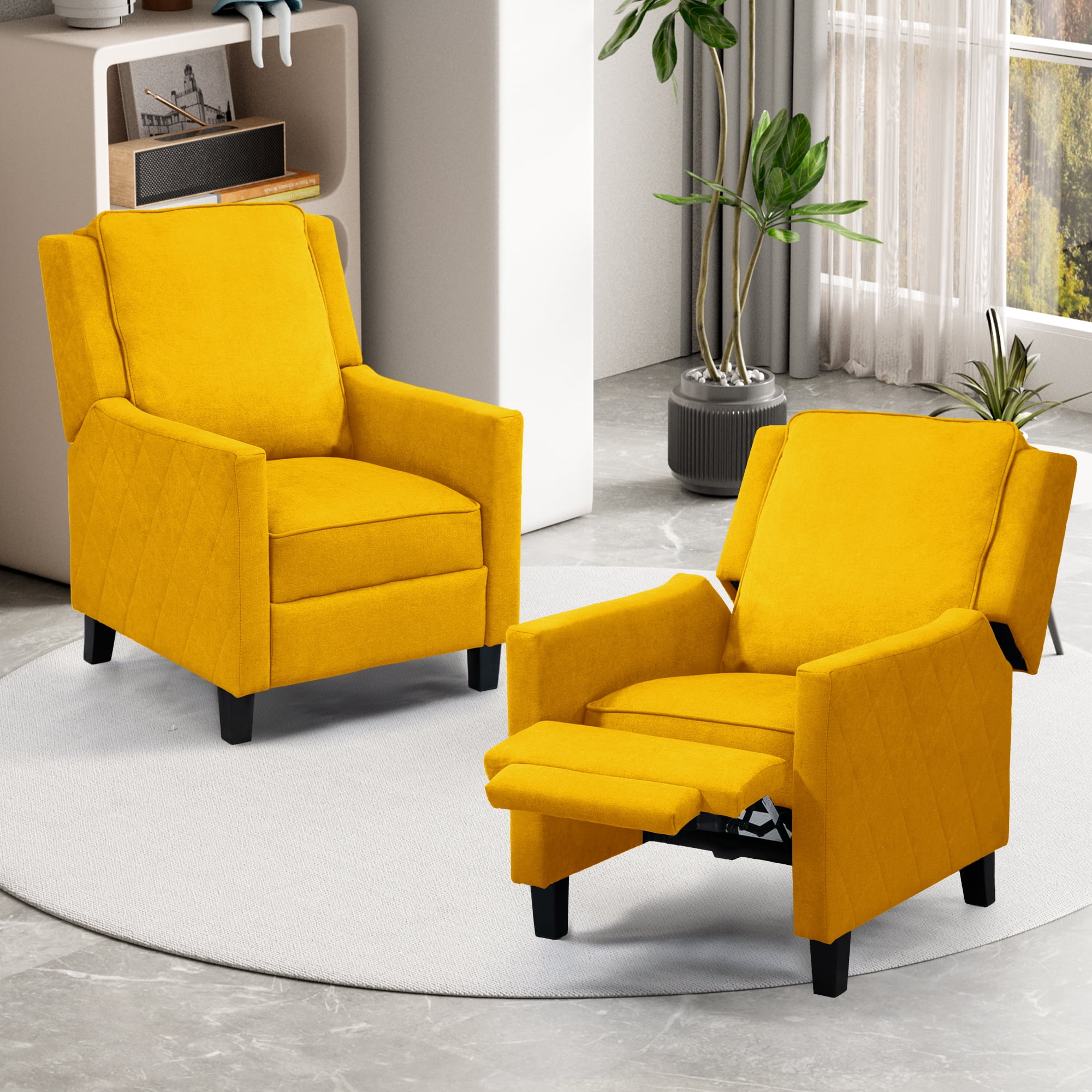 AVAWING Modern Tufted Set of 2 Push Back Recliner Chairs - Yellow Linen ...