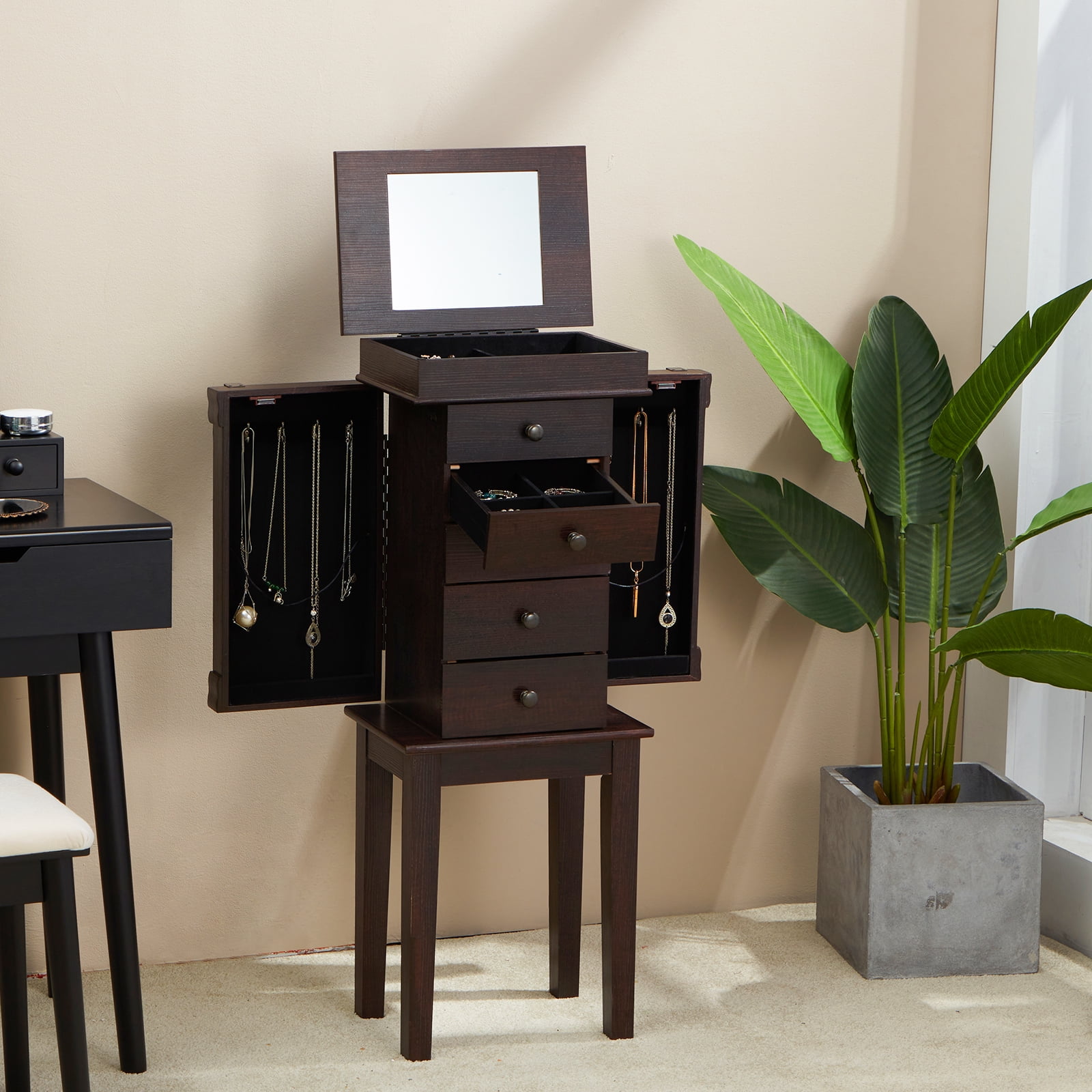 AVAWING Solid Wood Standing Jewelry Cabinet Armoire with Storage ...