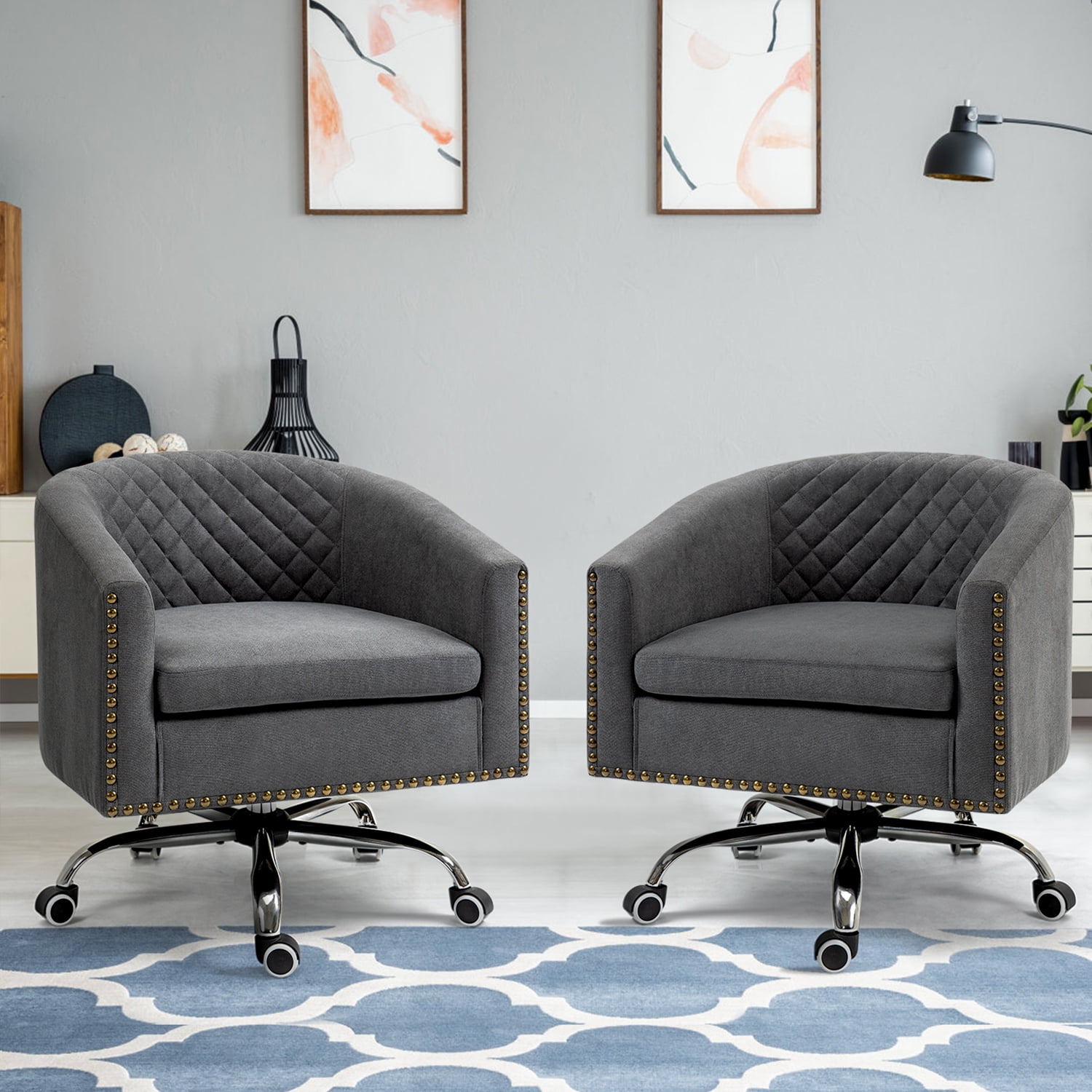AVAWING 2-Set Soft Padded Swivel Chair, Grey, Rolling Arm with Silent ...