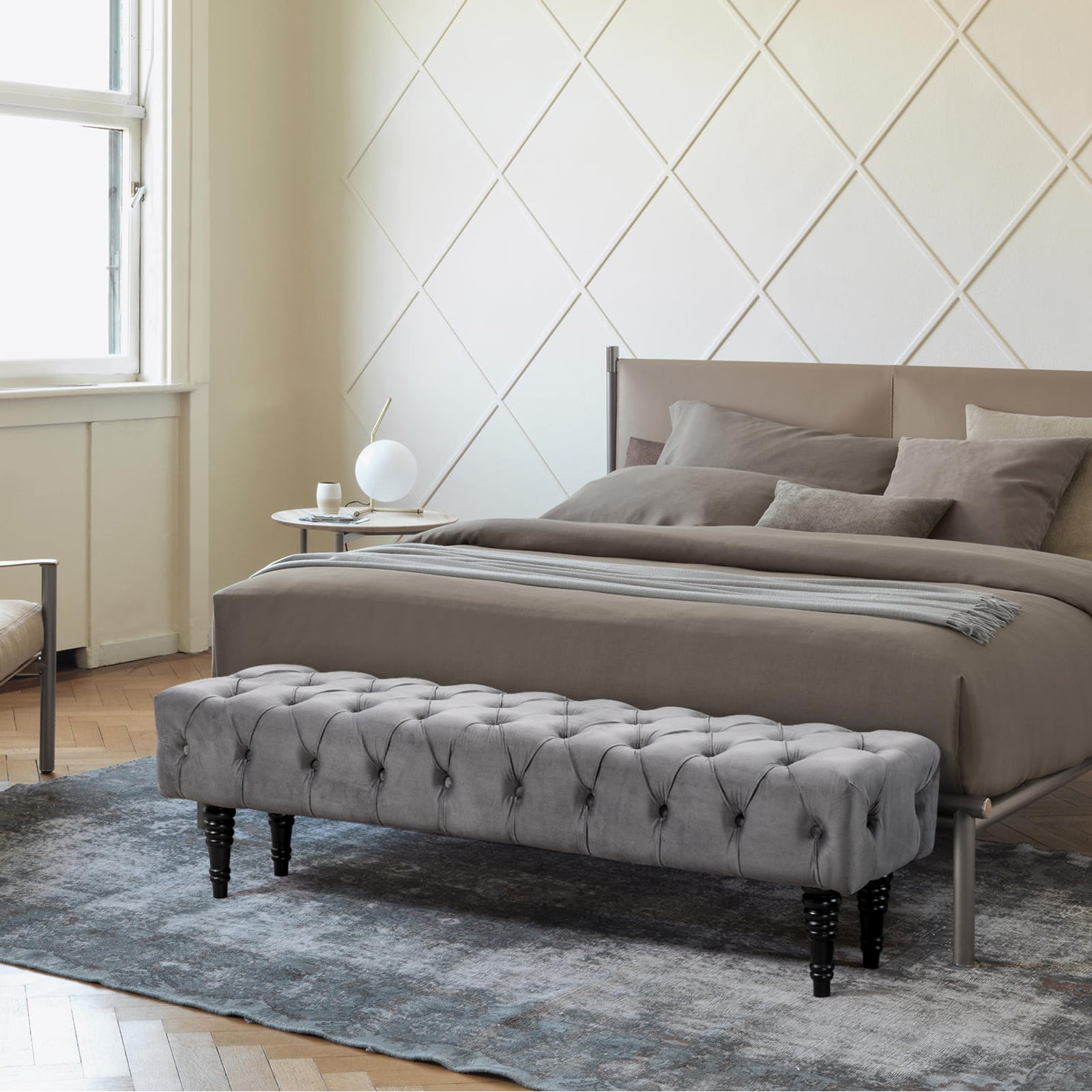 AVAWING Gray Corduroy Upholstered Tufted Ottoman Bench for Entryway ...