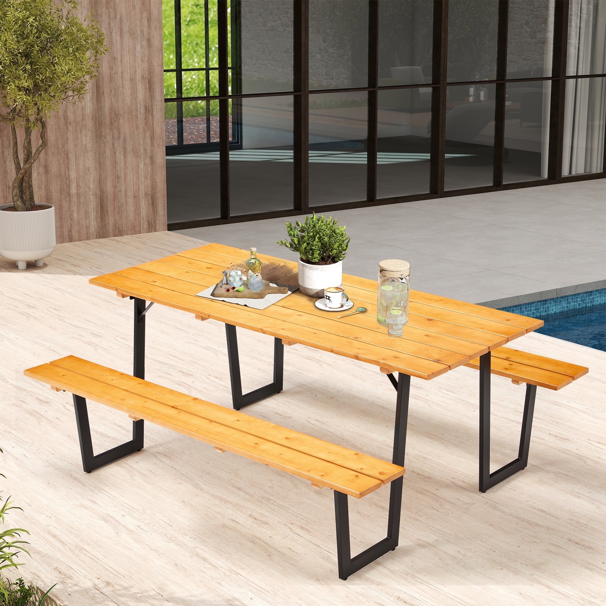 AVAWING Wood Picnic Table and Bench Set for 6-8 Person, Outdoor Dining ...