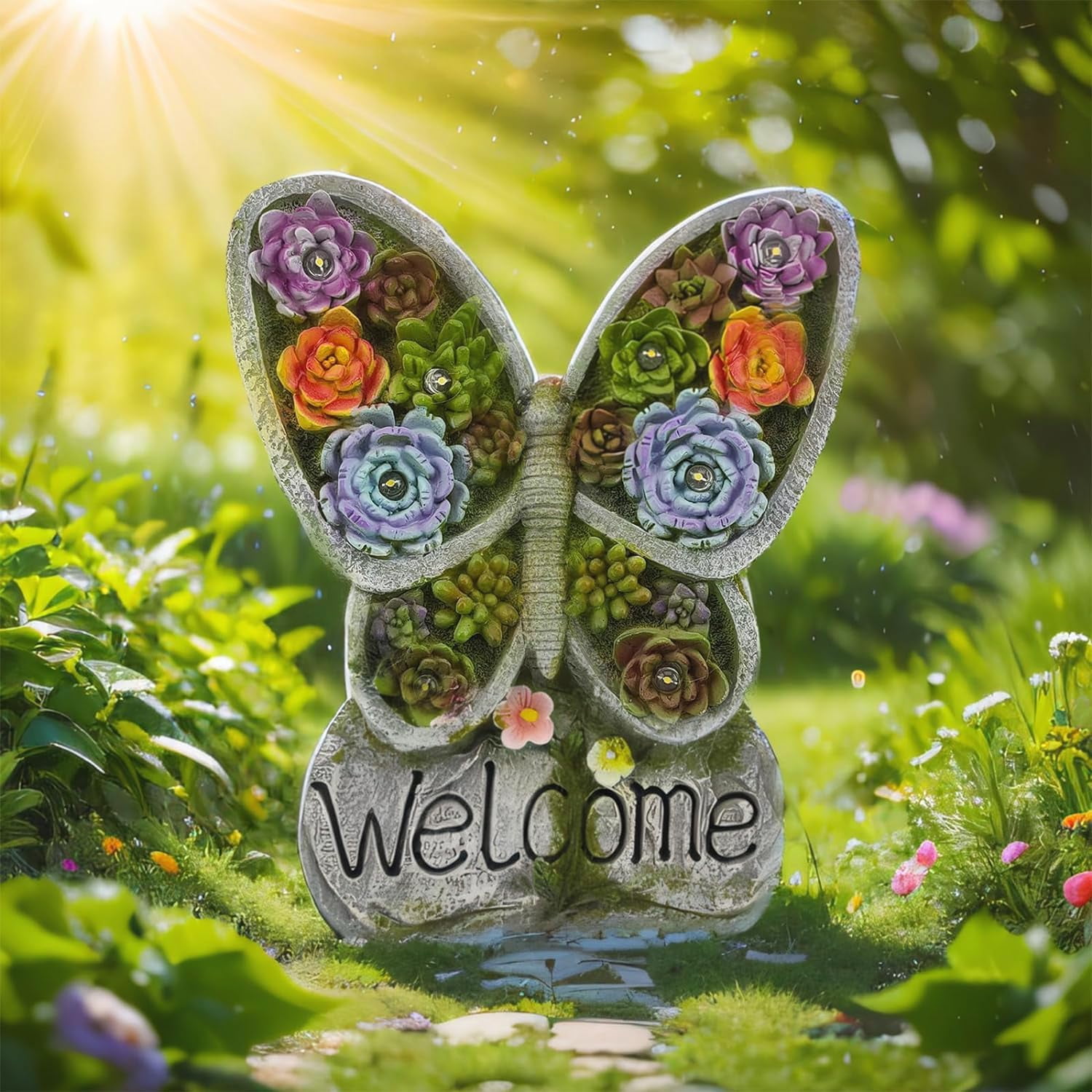 AVEKI Solar Garden Statues Lights, 8 LED Butterfly Resin Geode Stone ...