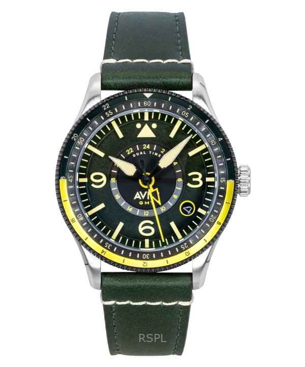 AVI-8 Flyboy Airmaster GMT Fuselage Green Leather Strap Green Dial ...